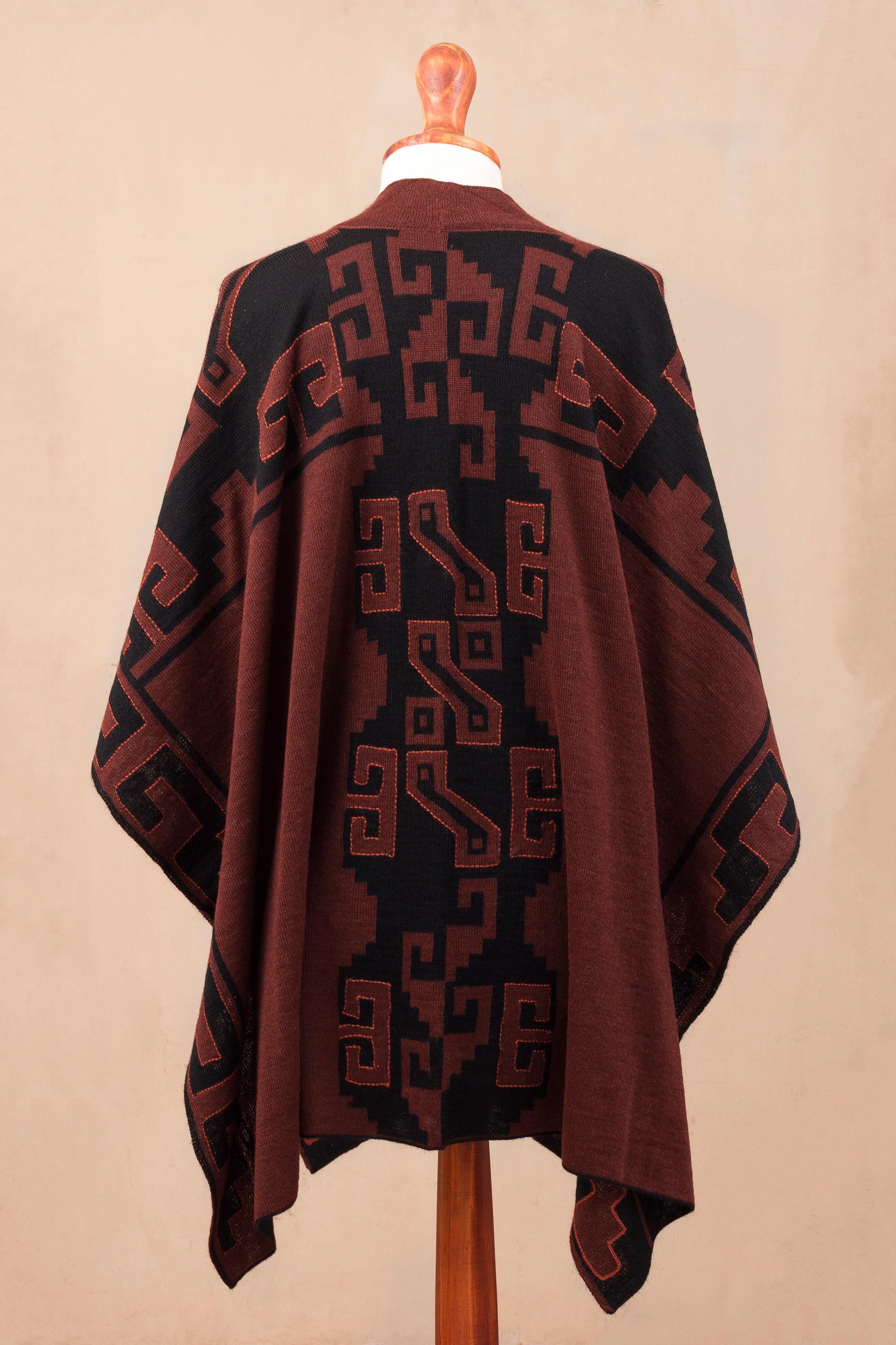 Mahogany and Black Alpaca Blend Ruana from Peru - Inca Afternoon in ...