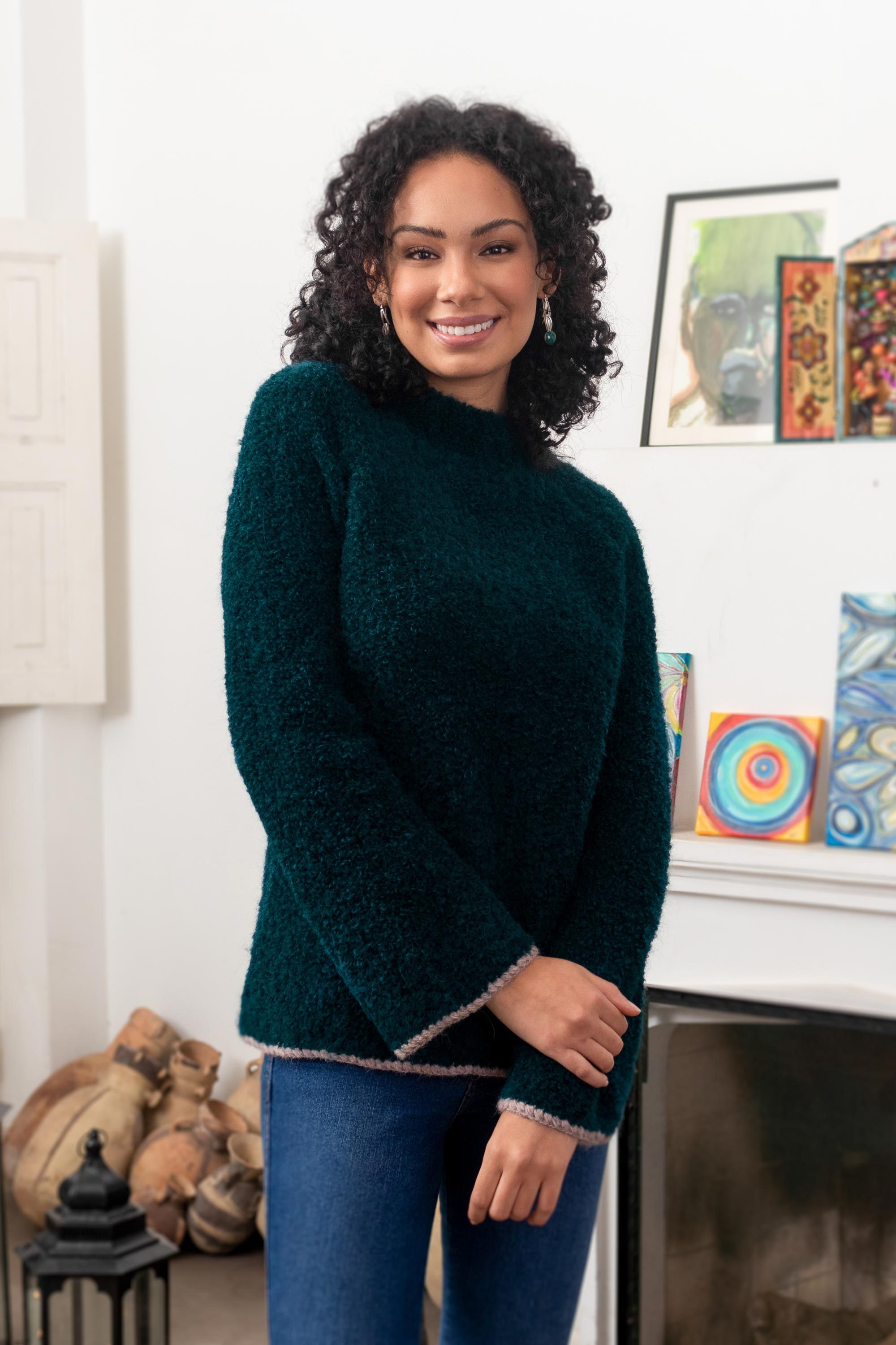 Funnel Neck Alpaca Blend Sweater in Dark Teal - Sumptuous Warmth in ...