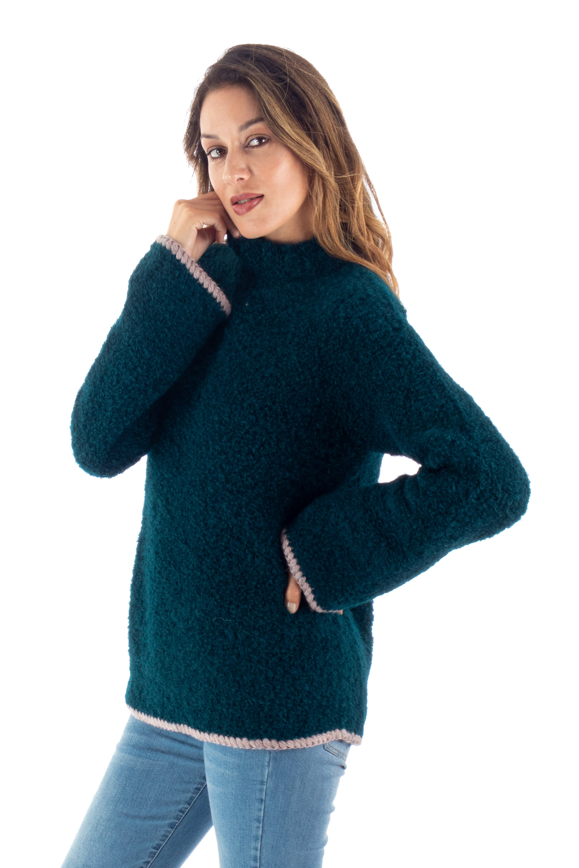 Funnel Neck Alpaca Blend Sweater in Dark Teal - Sumptuous Warmth in ...