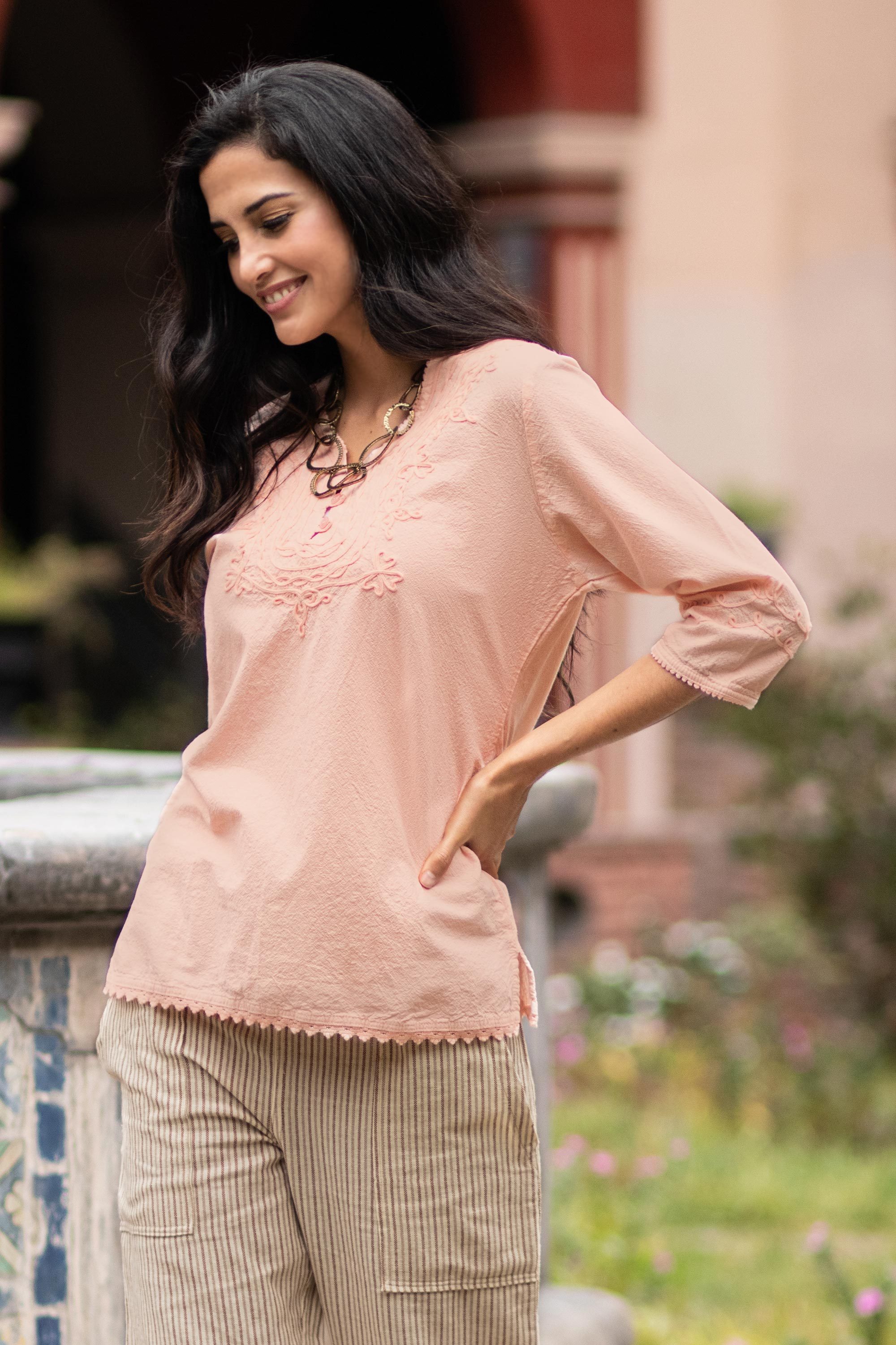 UNICEF Market | Pale Melon Orange Embroidered Cotton Tunic Top from ...