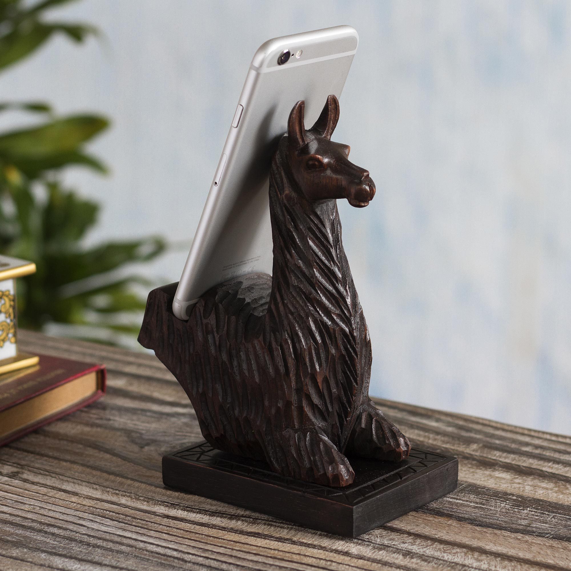 Hand-carved Llama Wood Phone Holder From Peru - Prancing Llama | NOVICA