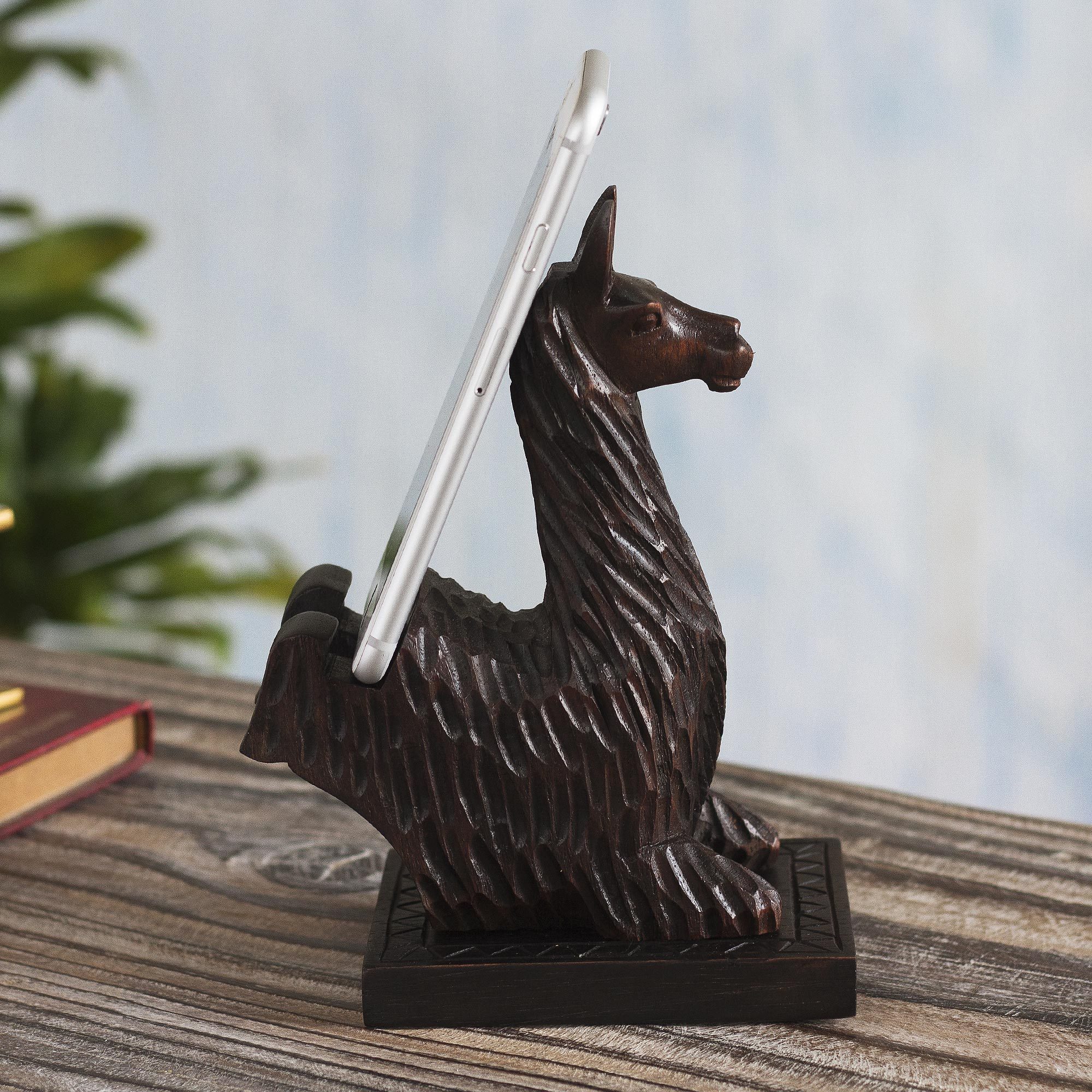 Hand-carved Llama Wood Phone Holder From Peru - Prancing Llama | NOVICA