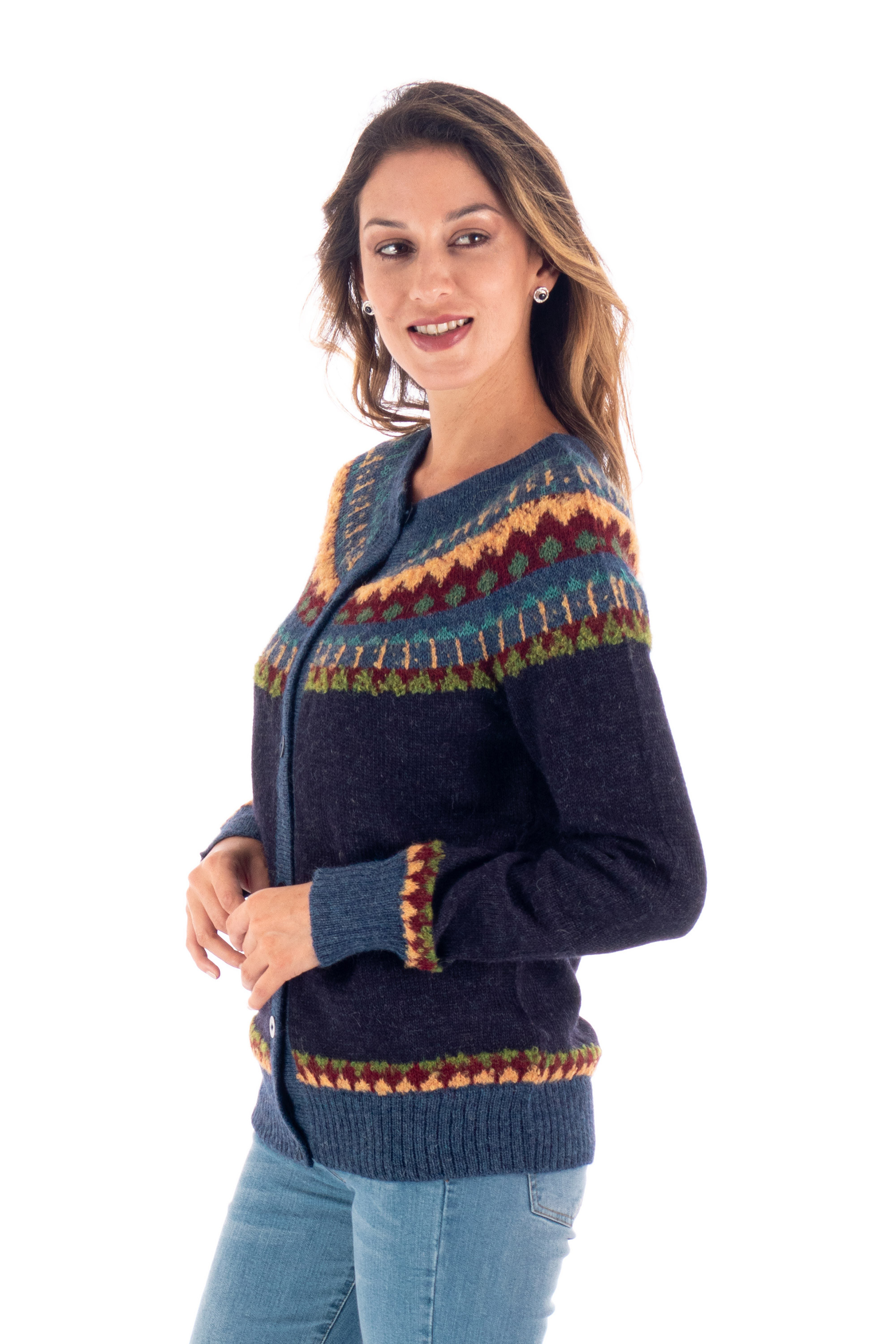100% Alpaca Yoke Cardigan Sweater with Buttons From Peru - Blue Andean ...