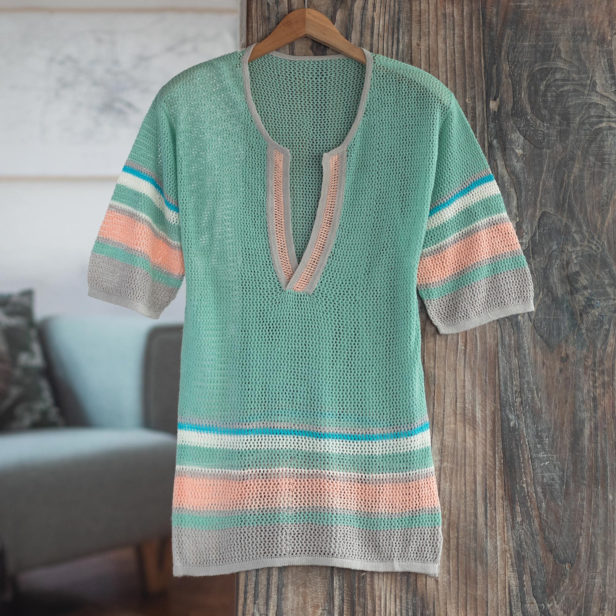 Cotton-Blend Loose-Knit Turquoise Tunic From Lima Peru - Mint Spring ...