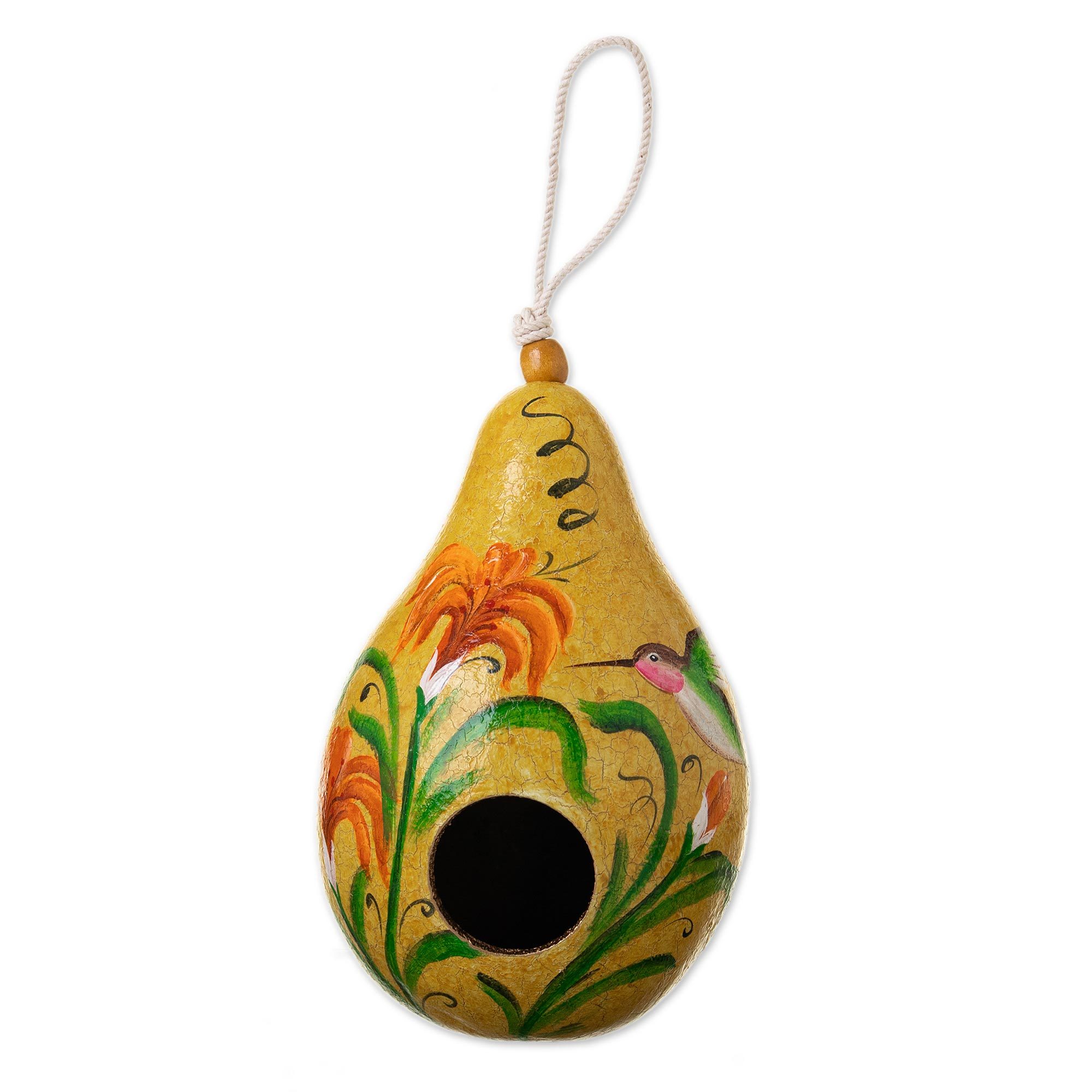 Peruvian Hand Painted Yellow Dried Mate Gourd Birdhouse - Hummingbird ...