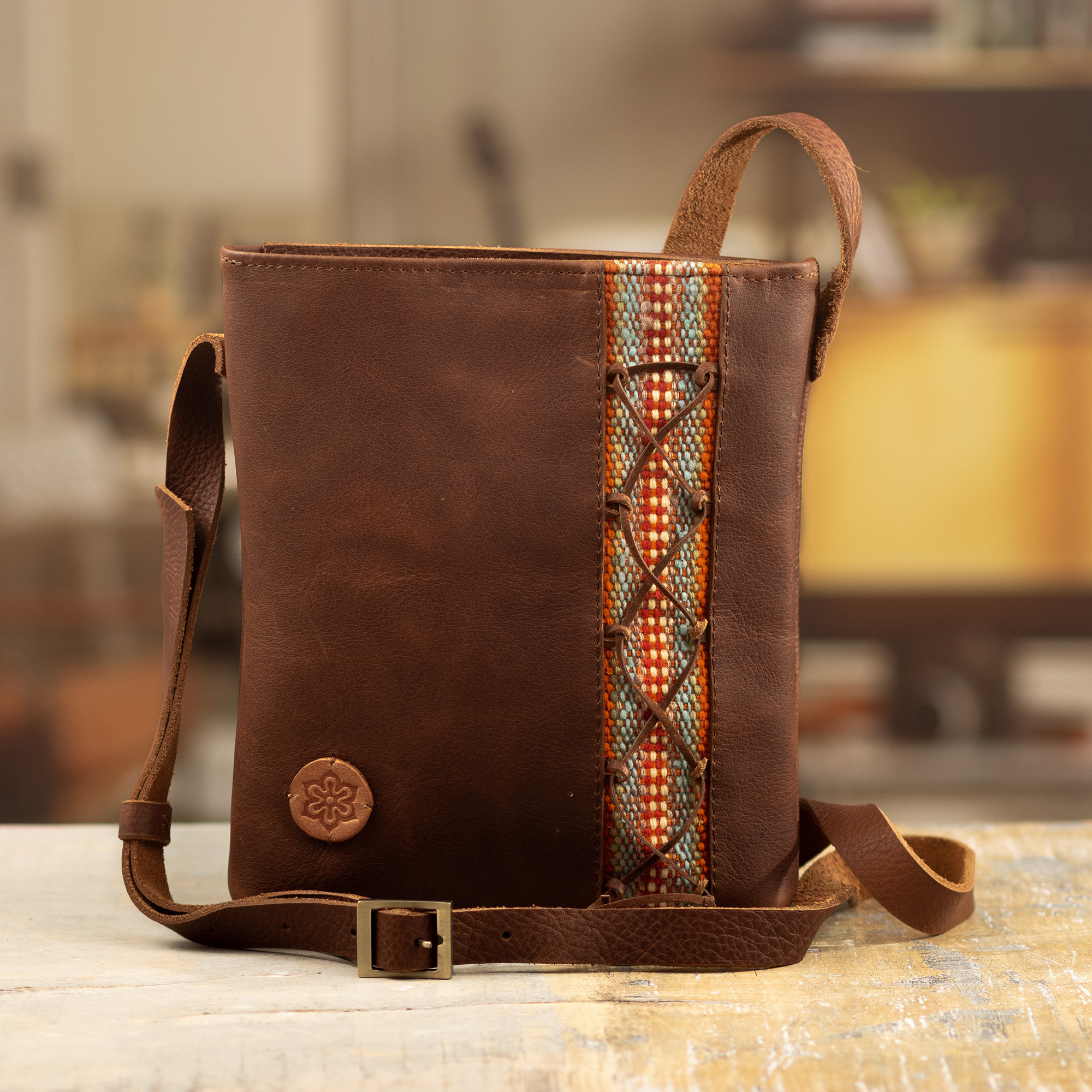 Brown Leather Sling with Colorful Wool Textile from Peru - Adventurous ...