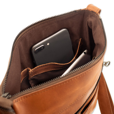 Adjustable Brown Leather Sling Bag with Zipper Closure - Today's ...