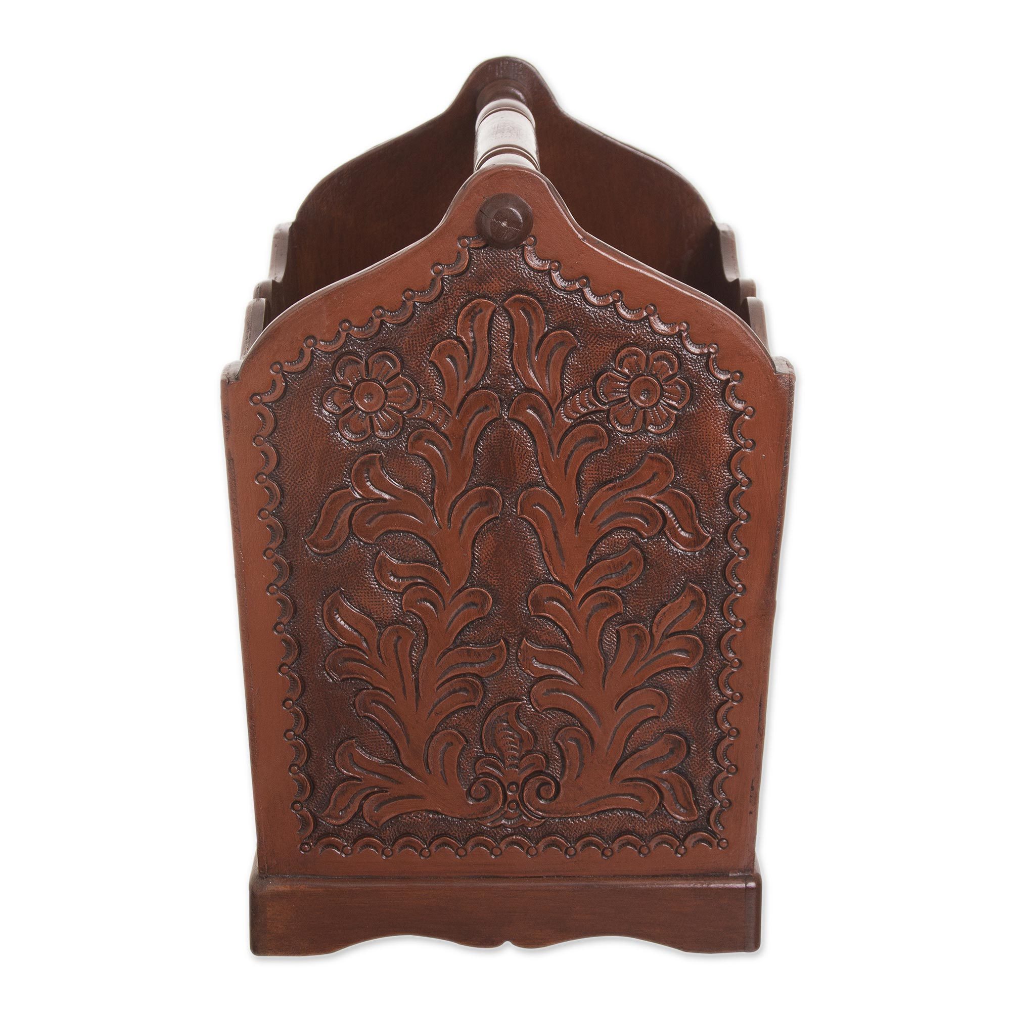 Wood and Leather Magazine Rack - Iquilla | NOVICA