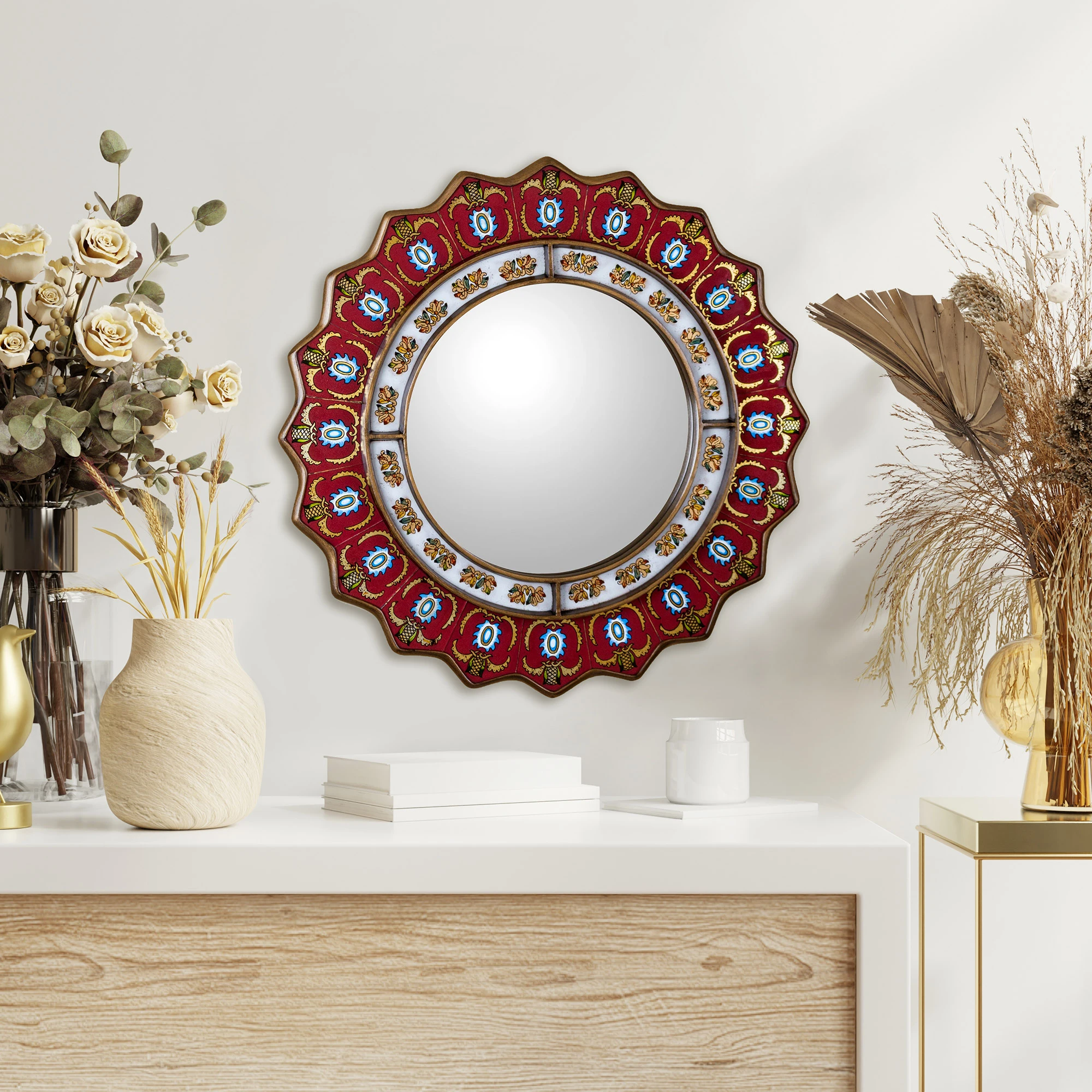 Red Reverse-Painted Glass Wall Mirror from Peru - Ruby Medallion | NOVICA