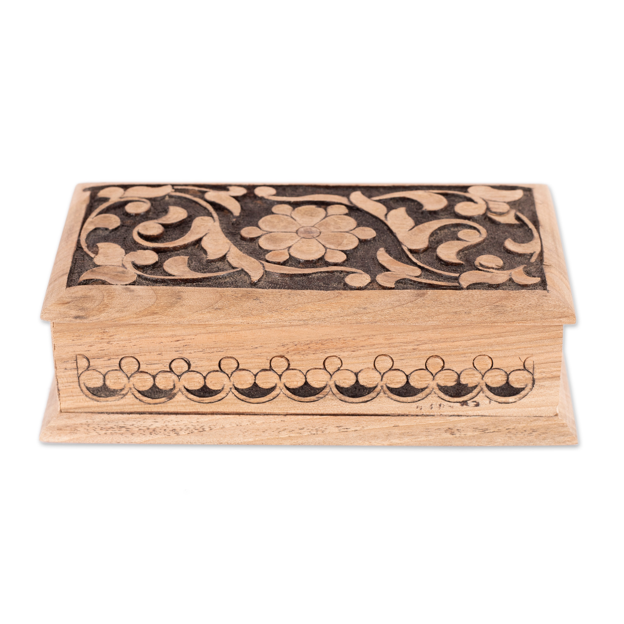 Hand-Carved Walnut Wood Jewelry Box with Arabesque Motifs - Arabesque Flowers | NOVICA