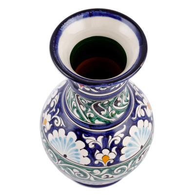 Floral Blue and Green Glazed Ceramic Center-Choke Vase - Blue Empyrean ...