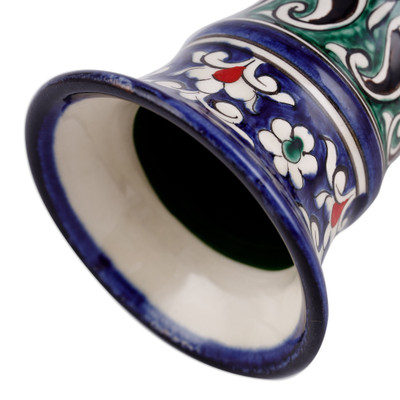 Floral Blue and Green Glazed Ceramic Center-Choke Vase - Blue Empyrean ...