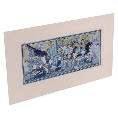 Stretched Watercolor Folk Art Caravan Painting in Blue - Caravan II ...