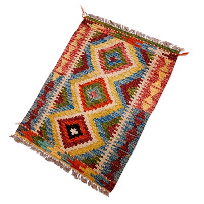 Hand-Knotted Wool Area Rug with Rhombus Patterns (2x2.5) - Delightful ...