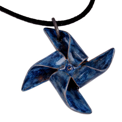Handcrafted Blue Ceramic Windmill Pendant Necklace - Blue Pinwheel | NOVICA