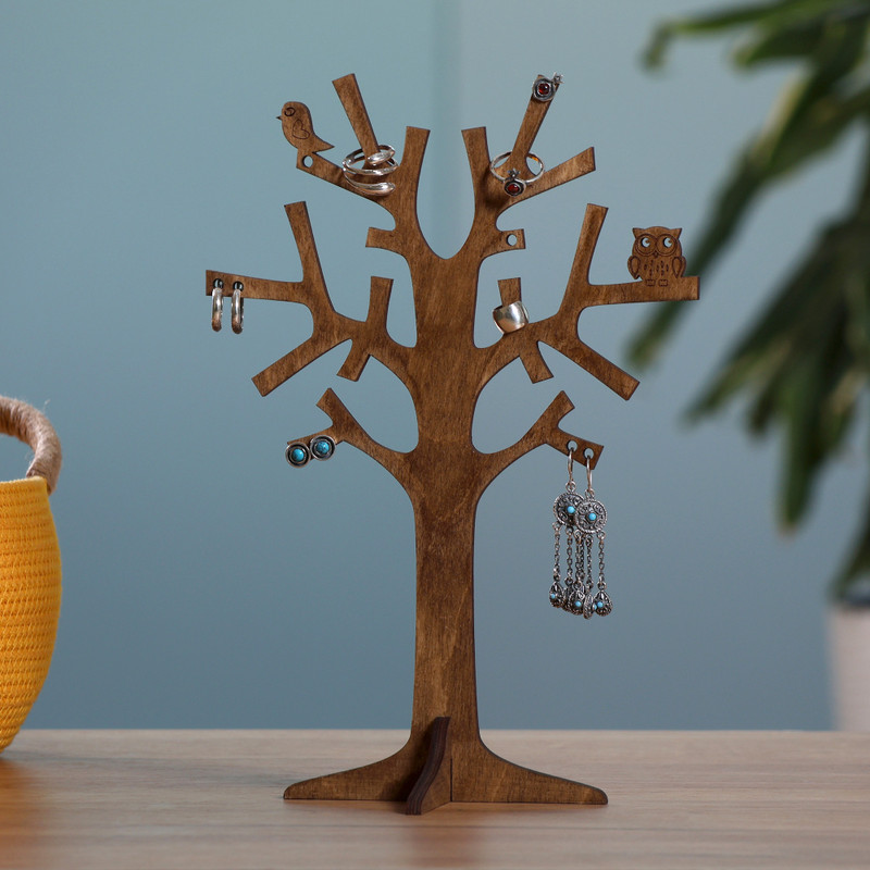 Hand-Carved Nature-Themed Dark Brown Wood Tree Jewelry Stand - Tree of ...
