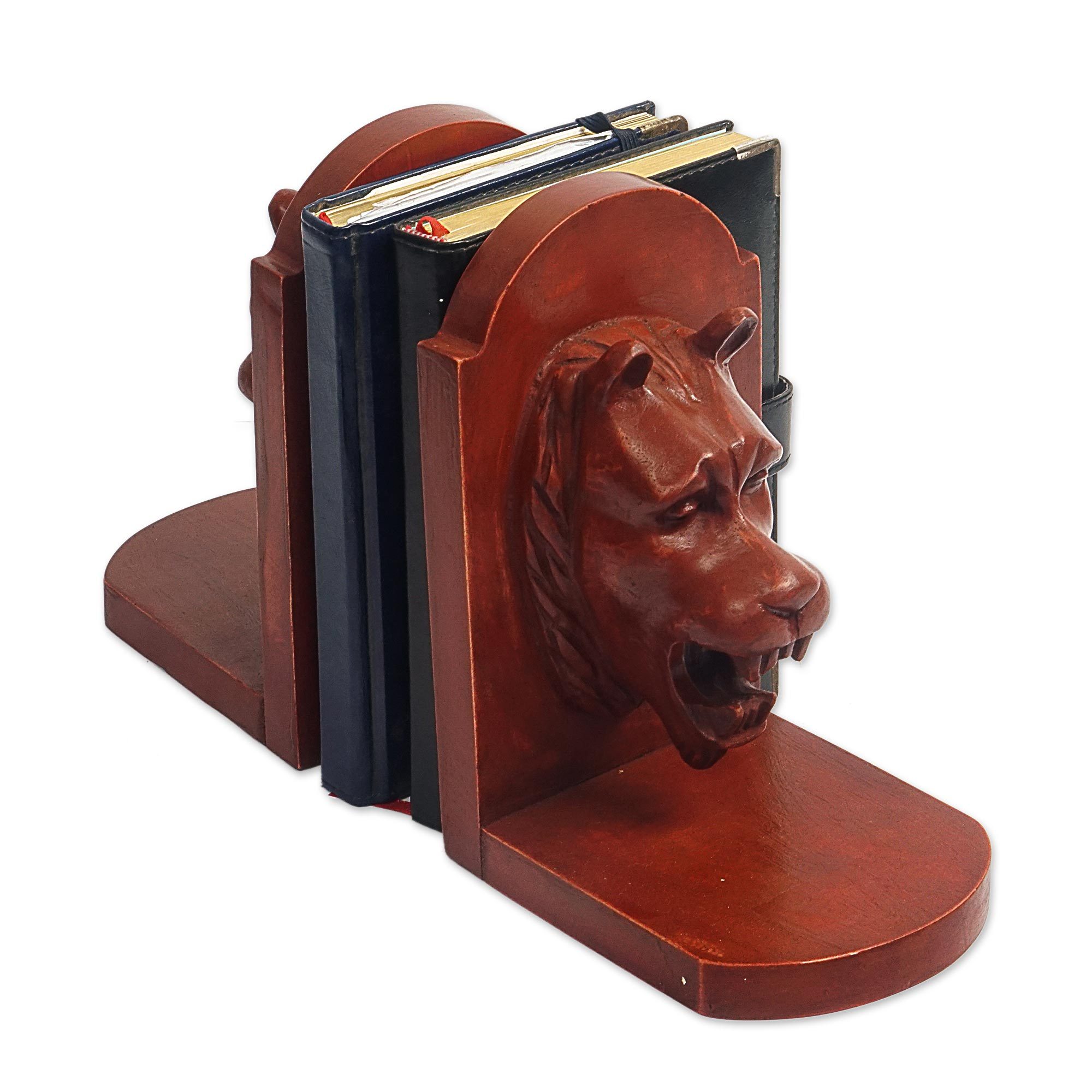 Unique Hand Carved Wood Bookends (Pair) - Lion Guardian | NOVICA