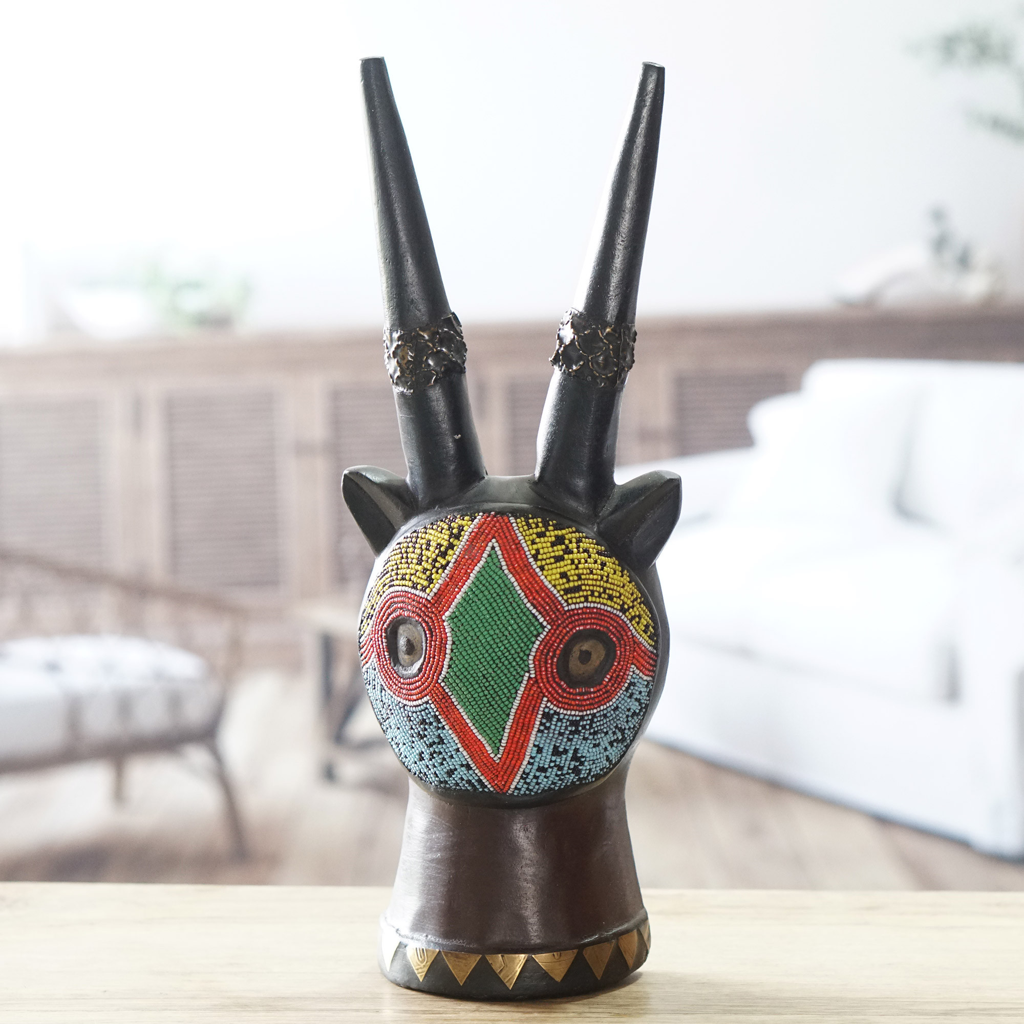 African wood mask - Beaded Antelope | NOVICA
