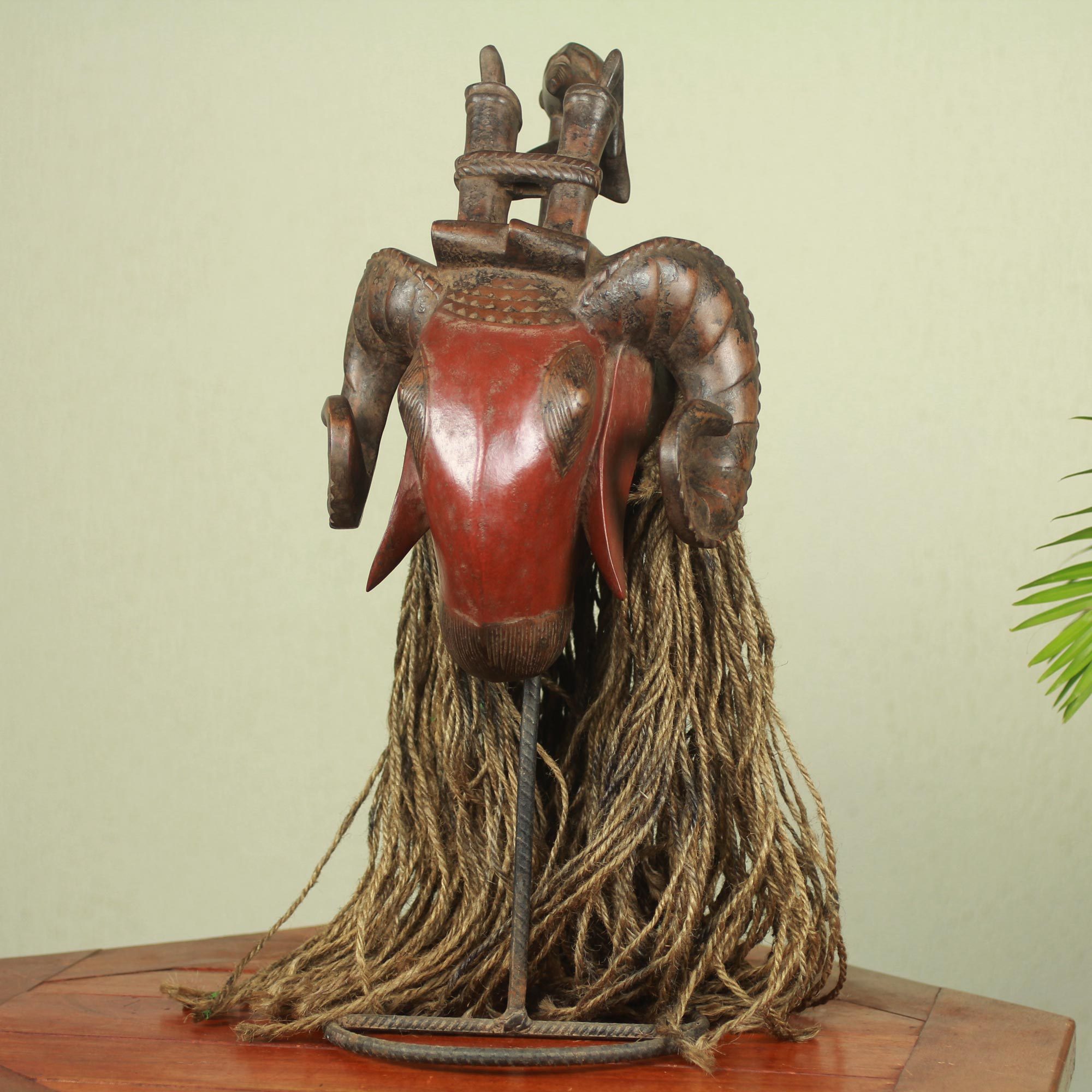 Ivory Coast Style Hand Carved African Ram Mask - Red Baule Ram | NOVICA