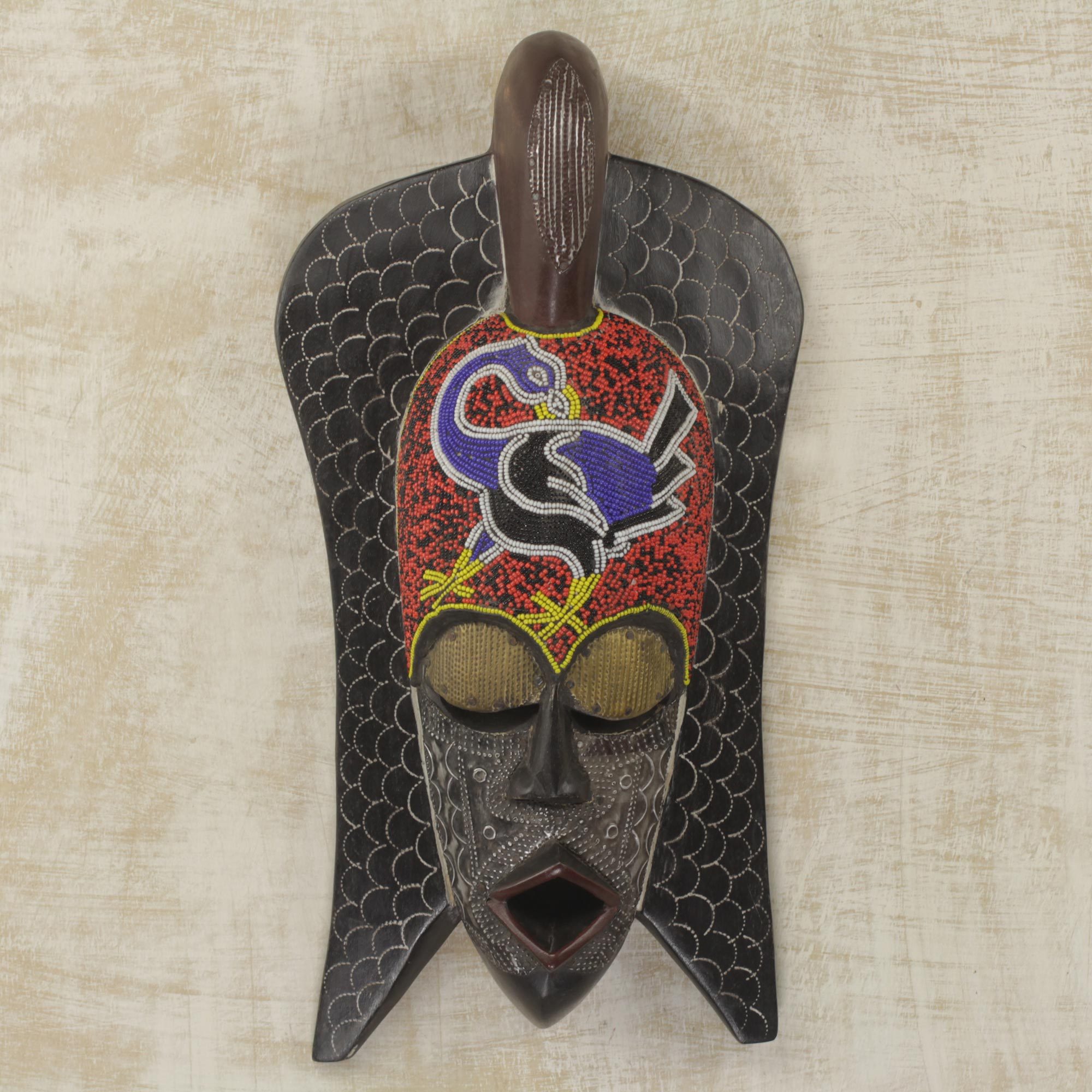 African Wood Wall Mask with Beaded Adinkra Symbol - Sankofa Philosophy ...