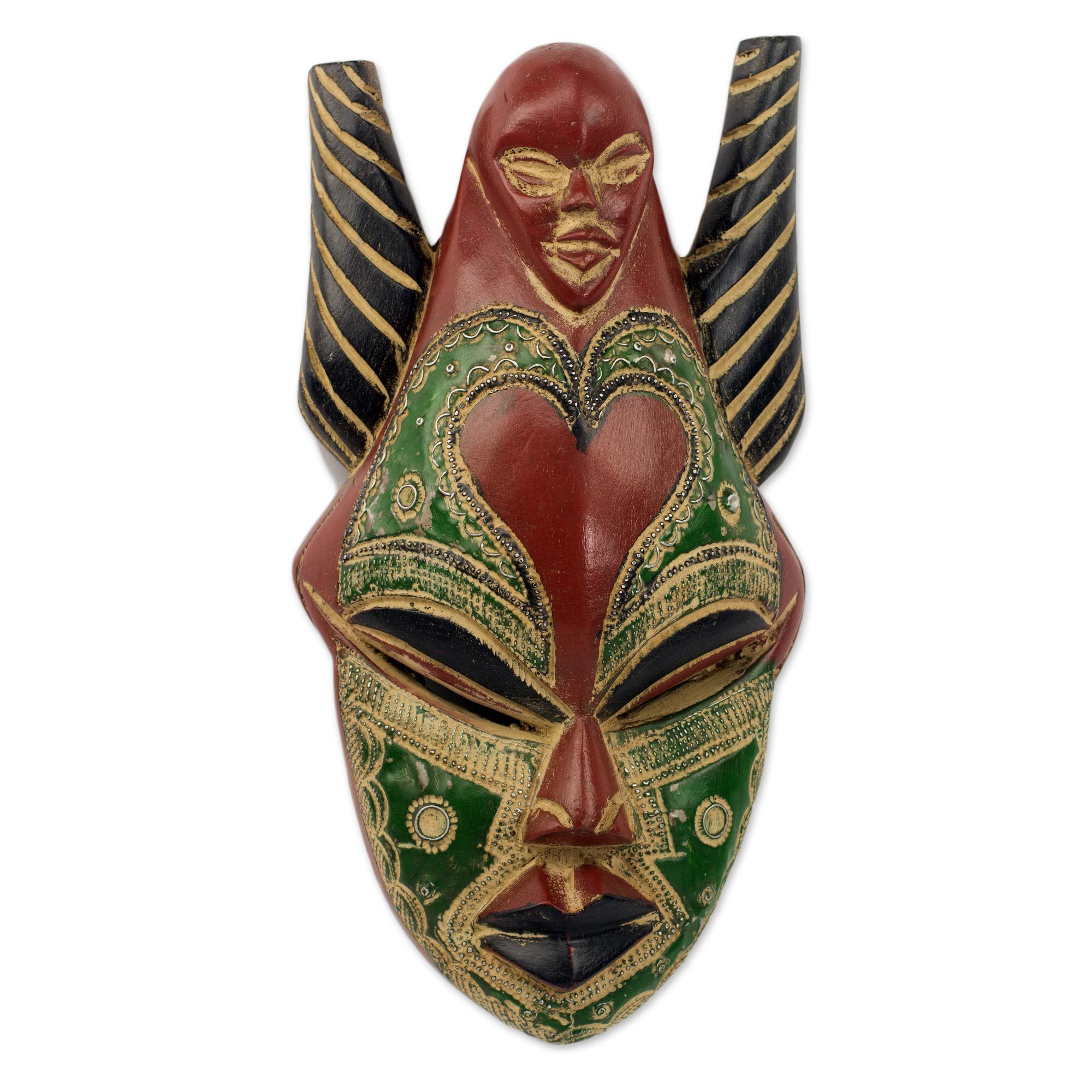 African Rubberwood And Aluminum Multicolored Mask From Ghana Strong