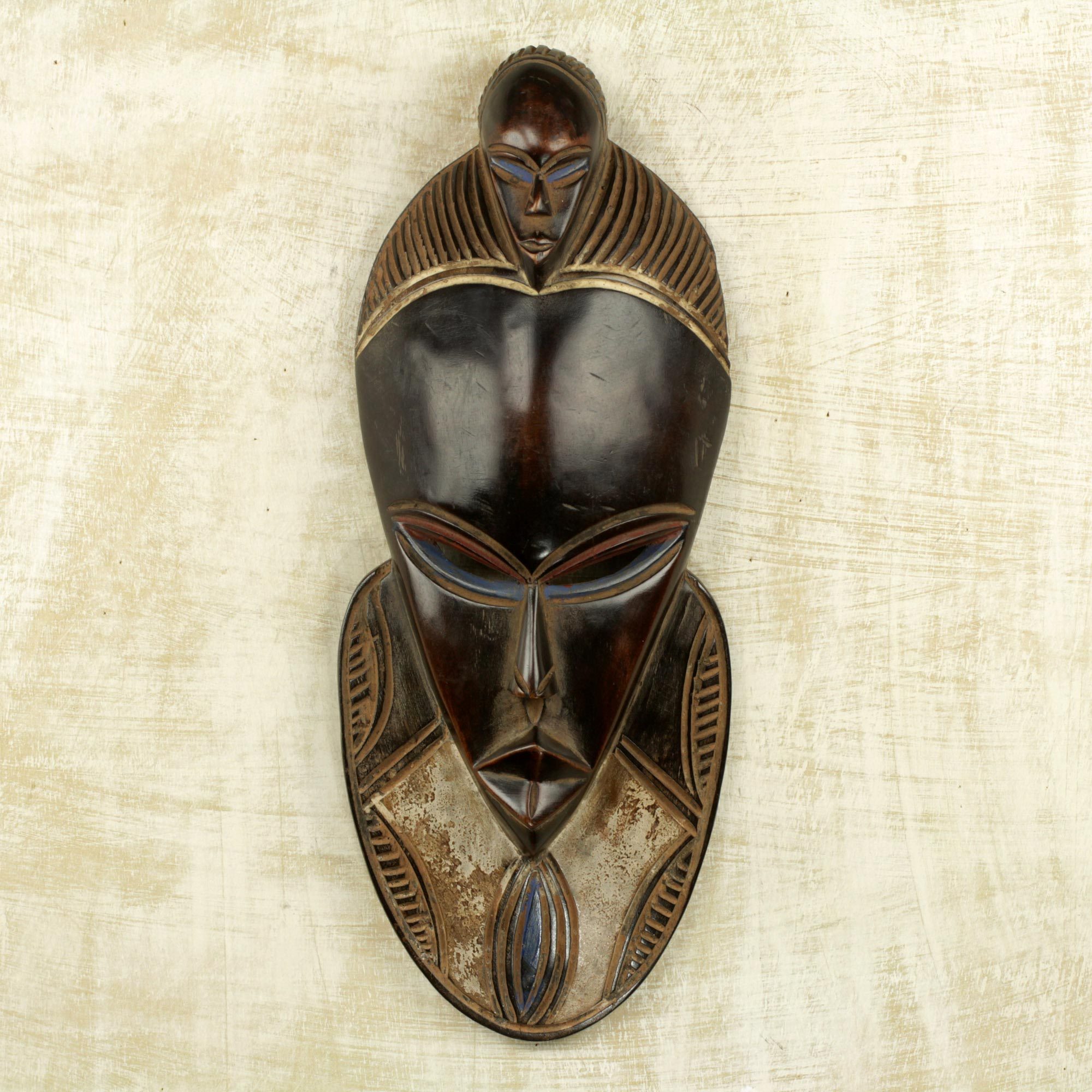 Two Face Brown African Wood Mask from Ghana - Natural Yoreh | NOVICA