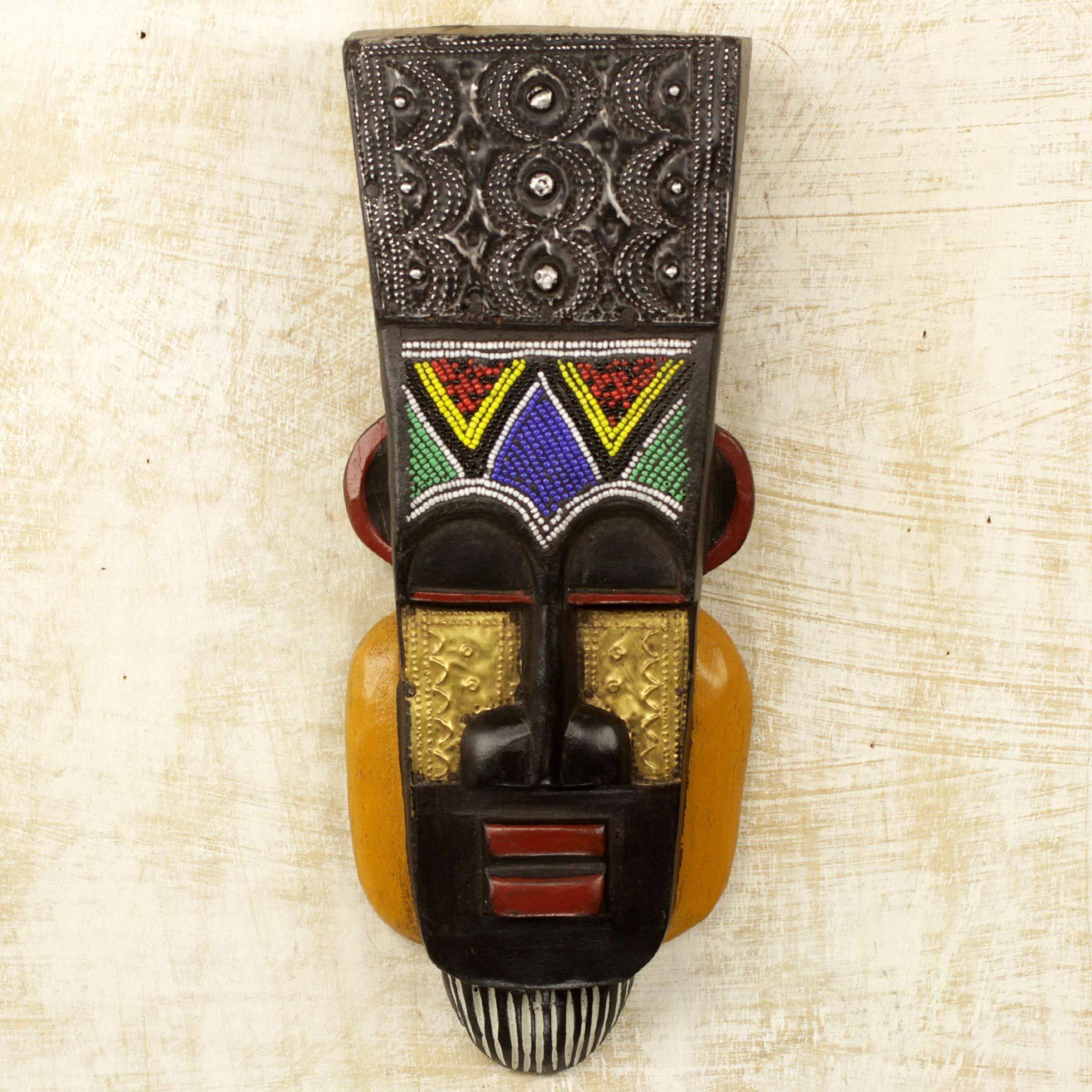 Hand Carved Ghanaian Wall Mask with Brass and Beaded Accents - Obi | NOVICA