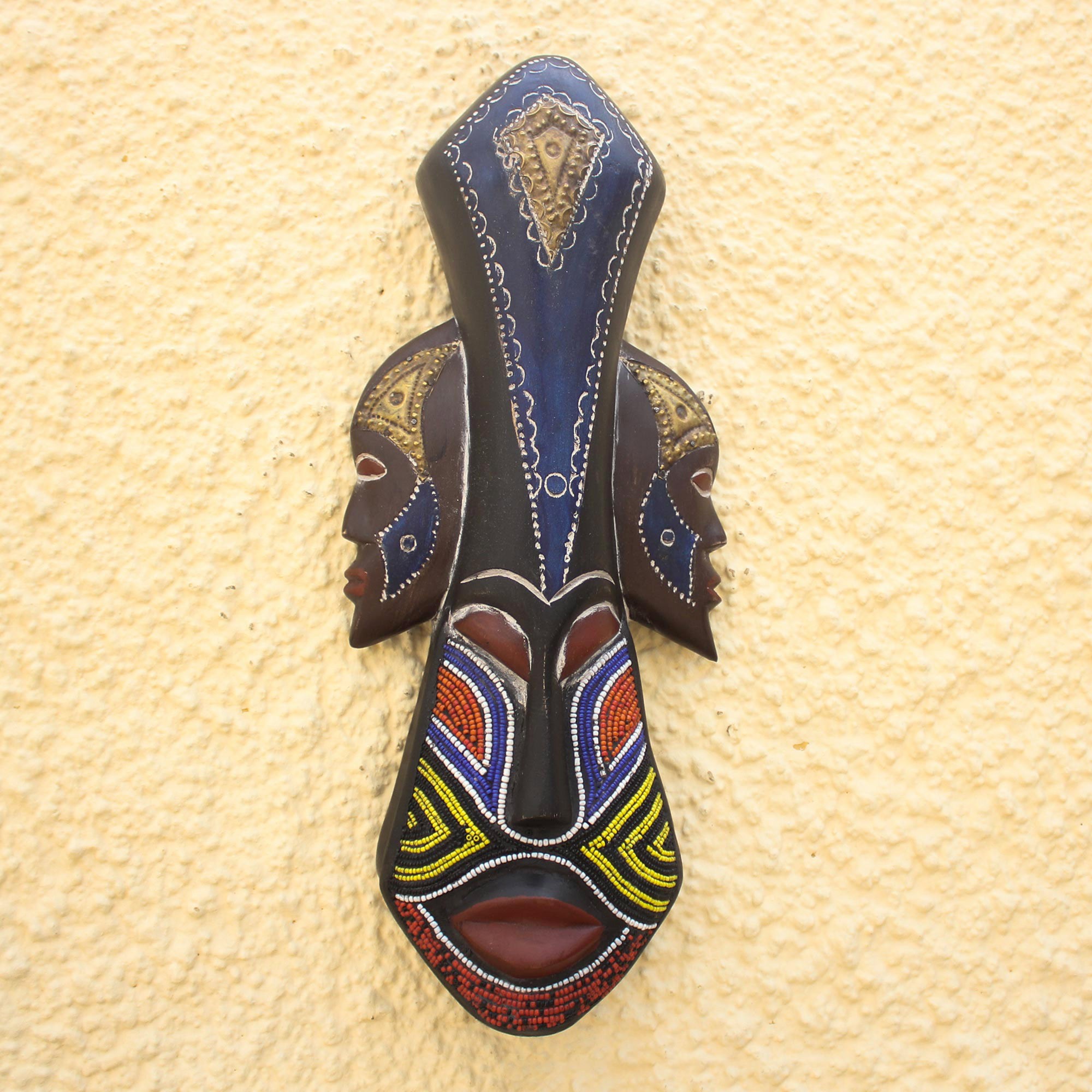 Beaded Wood Three Faced African Wall Mask Crafted by Hand - Glorious ...