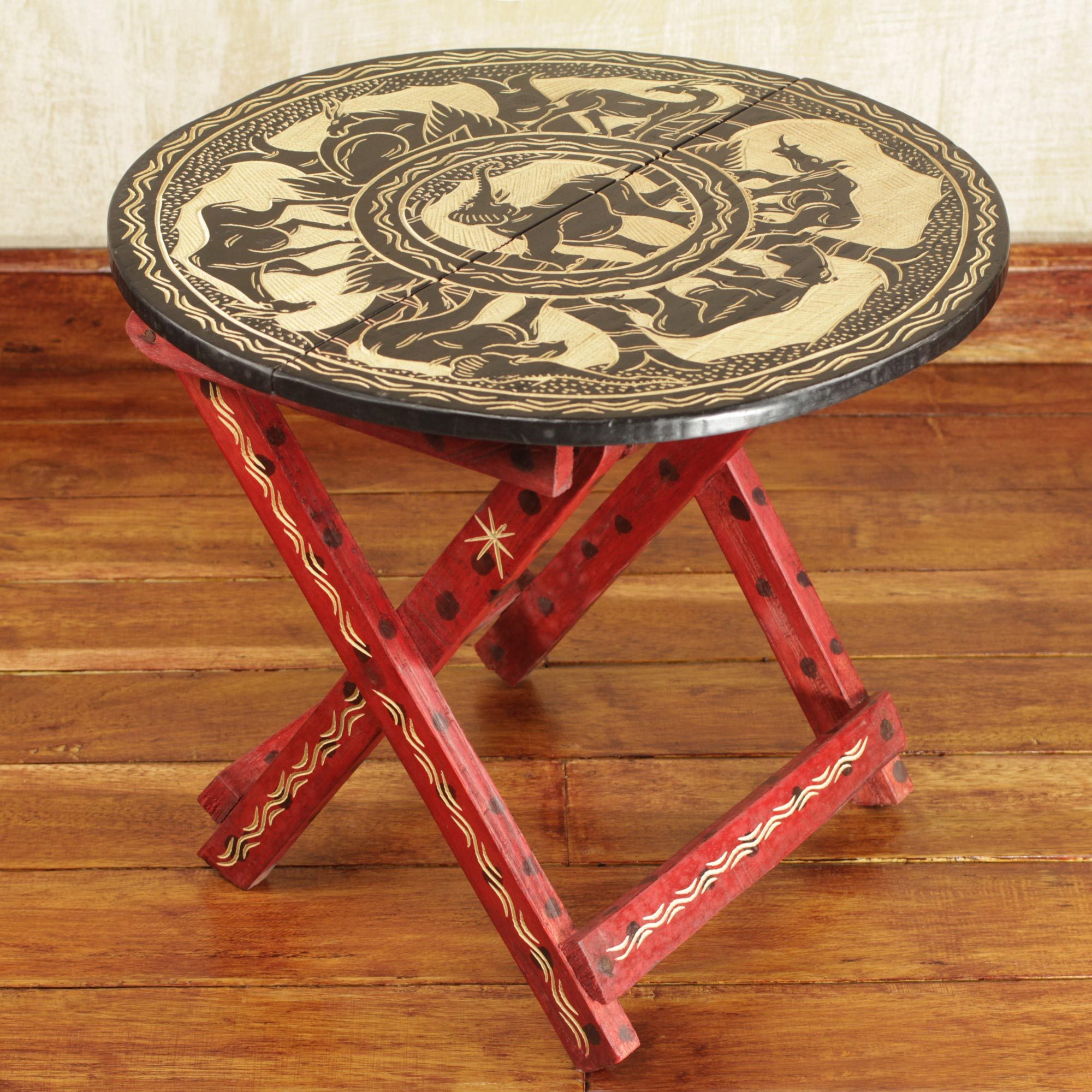 Sese Wood Ghanaian Folding Table with Elephants and Gazelles - African ...