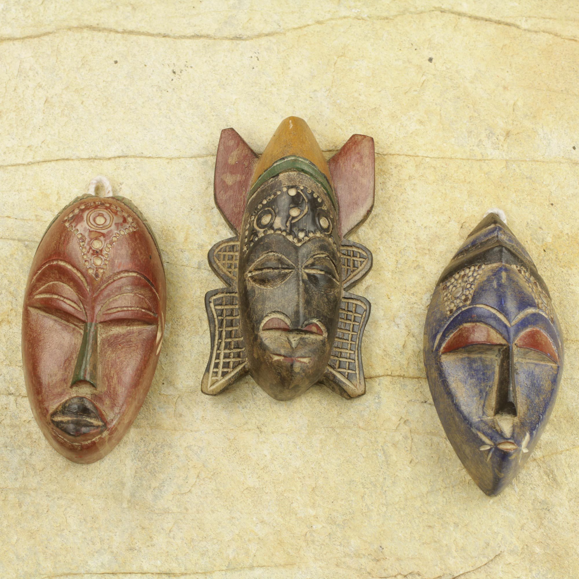 Set of 3 Authentic African Masks Handcrafted in Ghana - Mawunyo | NOVICA