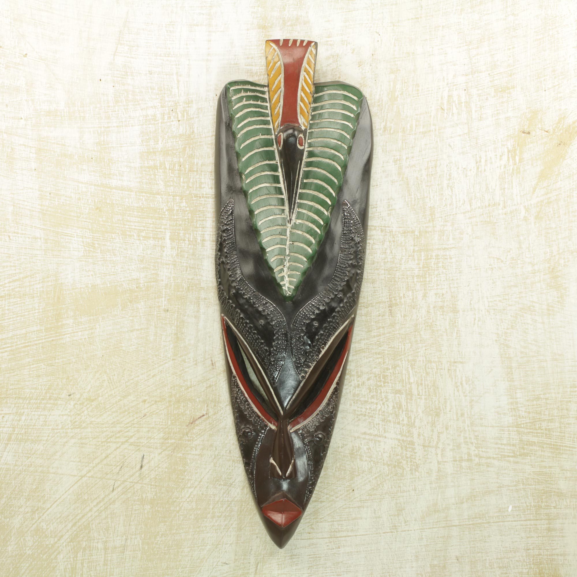 Wood and Aluminum African Bird Mask from Ghana - Ogechi Faith | NOVICA