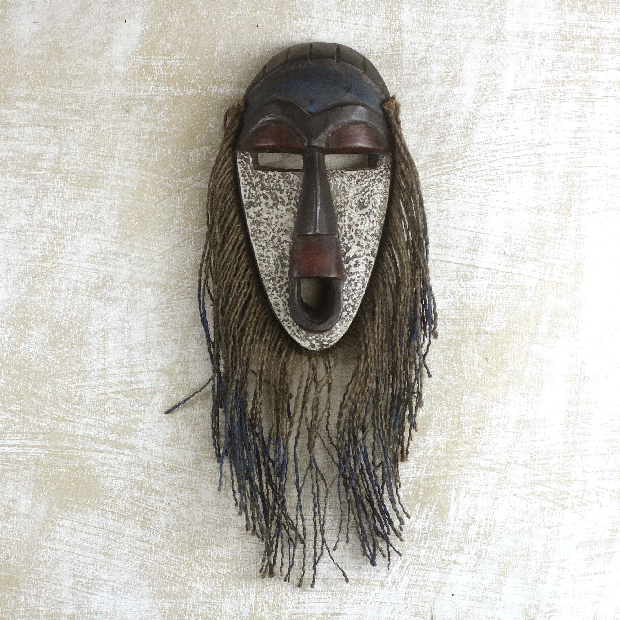 Jute Bearded African Wood Mask from Ghana - Abajo | NOVICA