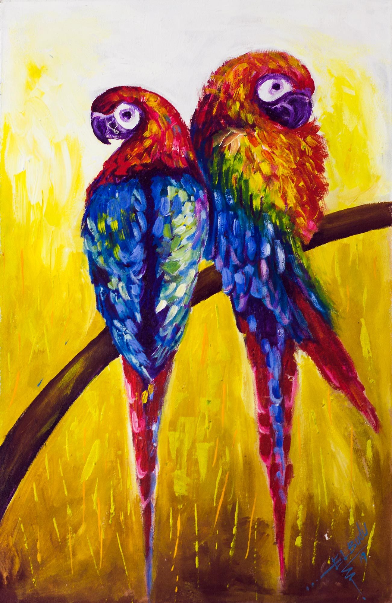 Signed Expressionist Painting of Two Macaws from Ghana - Love Among ...