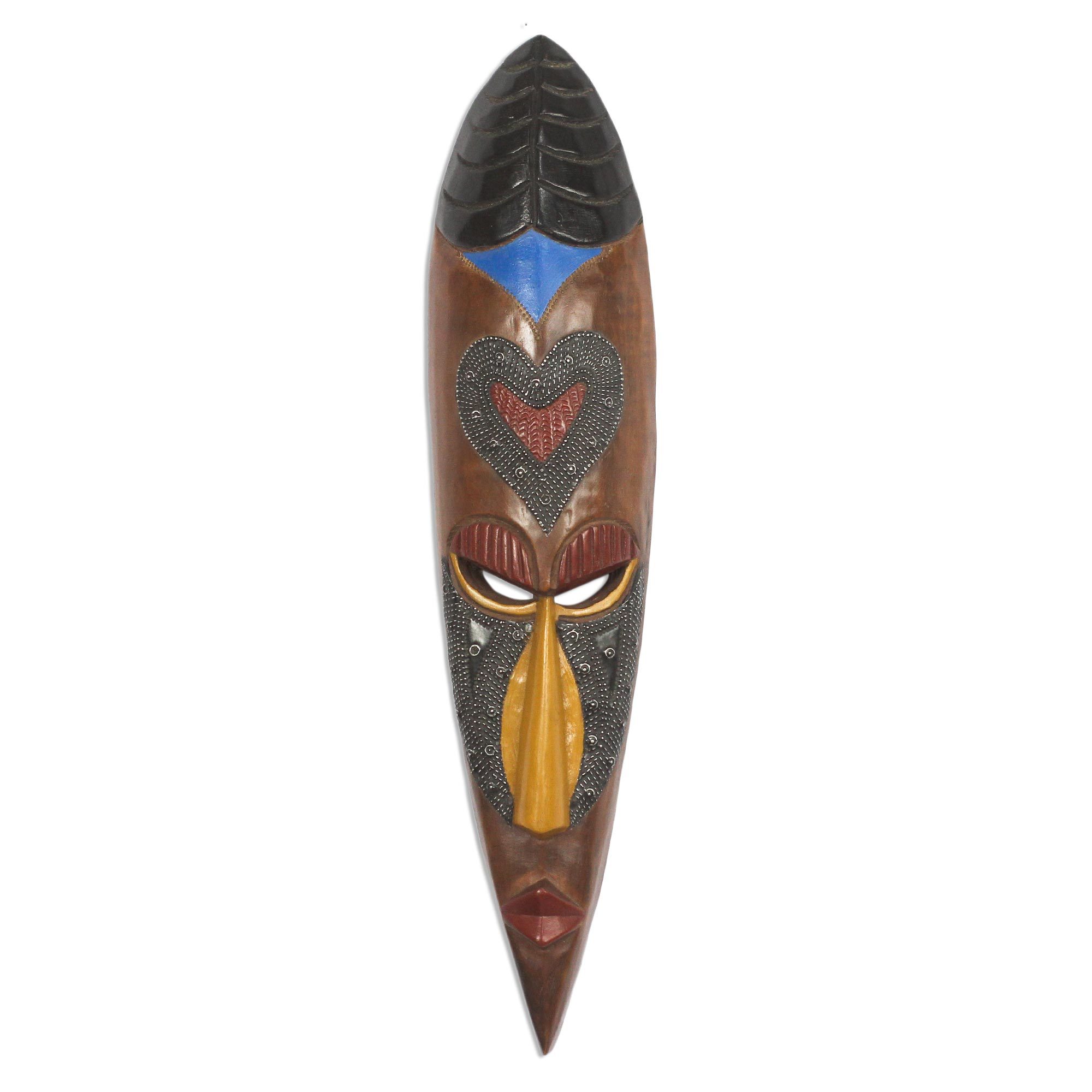 Heart Pattern African Wood And Aluminum Mask From Ghana Ghanaian Love
