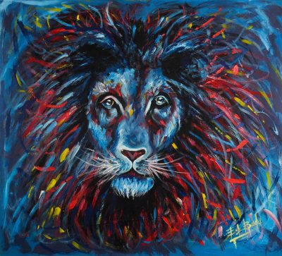Expressionist Painting of a Blue Lion from Ghana - The Wild Lion | NOVICA