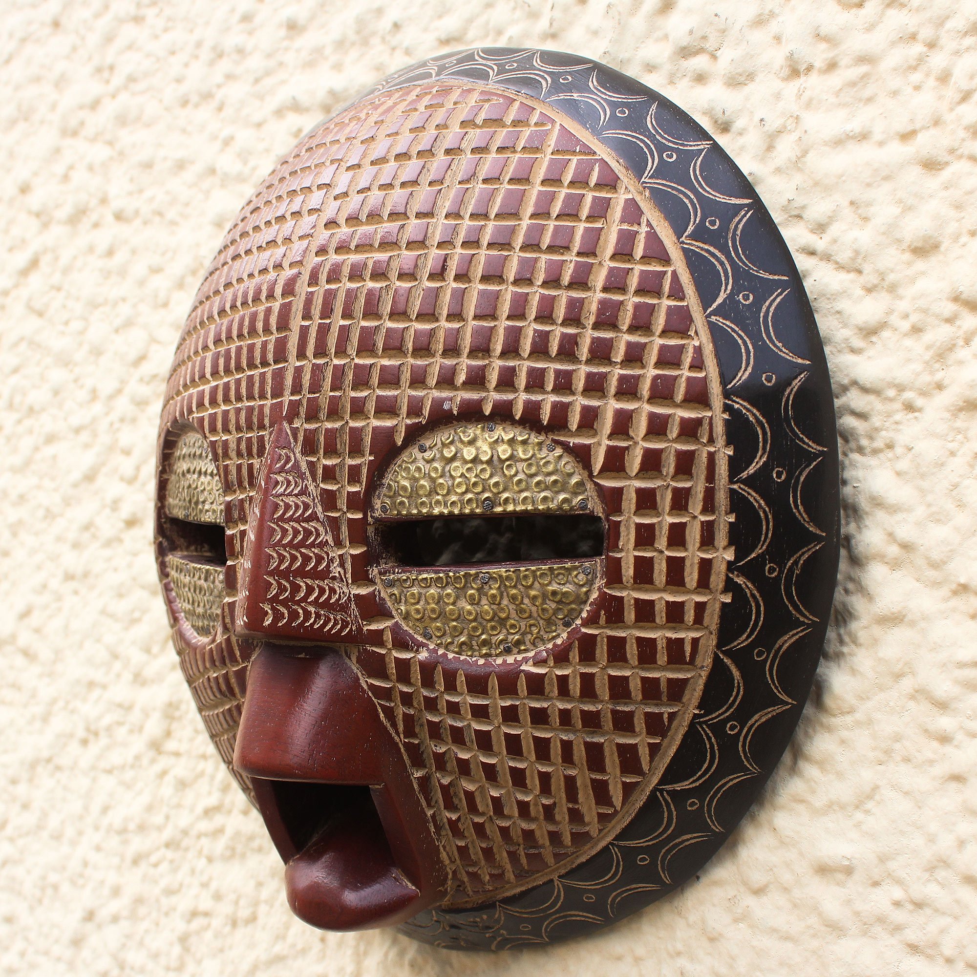 Embossed Brass and Wood Round African Mask - Edudzi | NOVICA