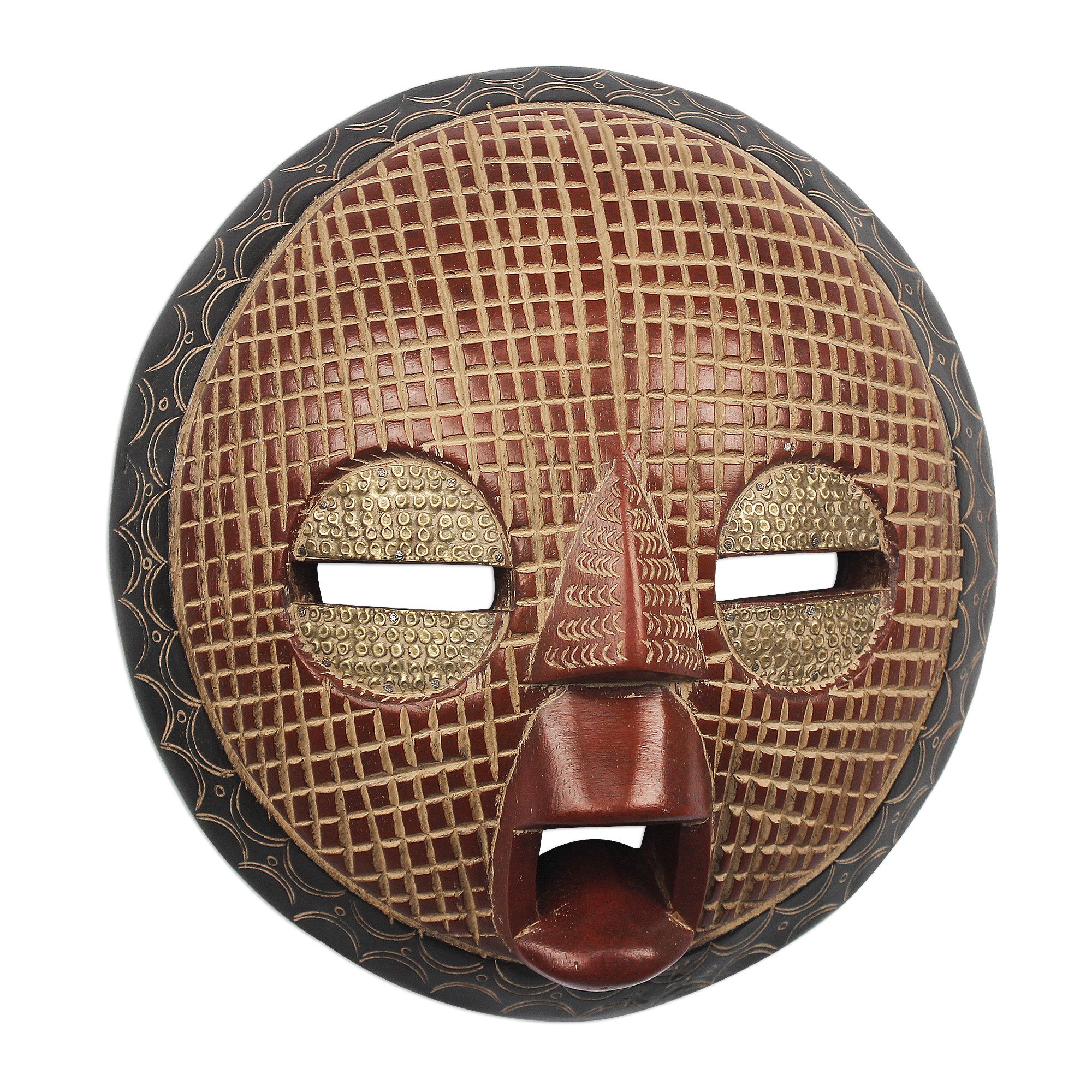 Embossed Brass and Wood Round African Mask - Edudzi | NOVICA