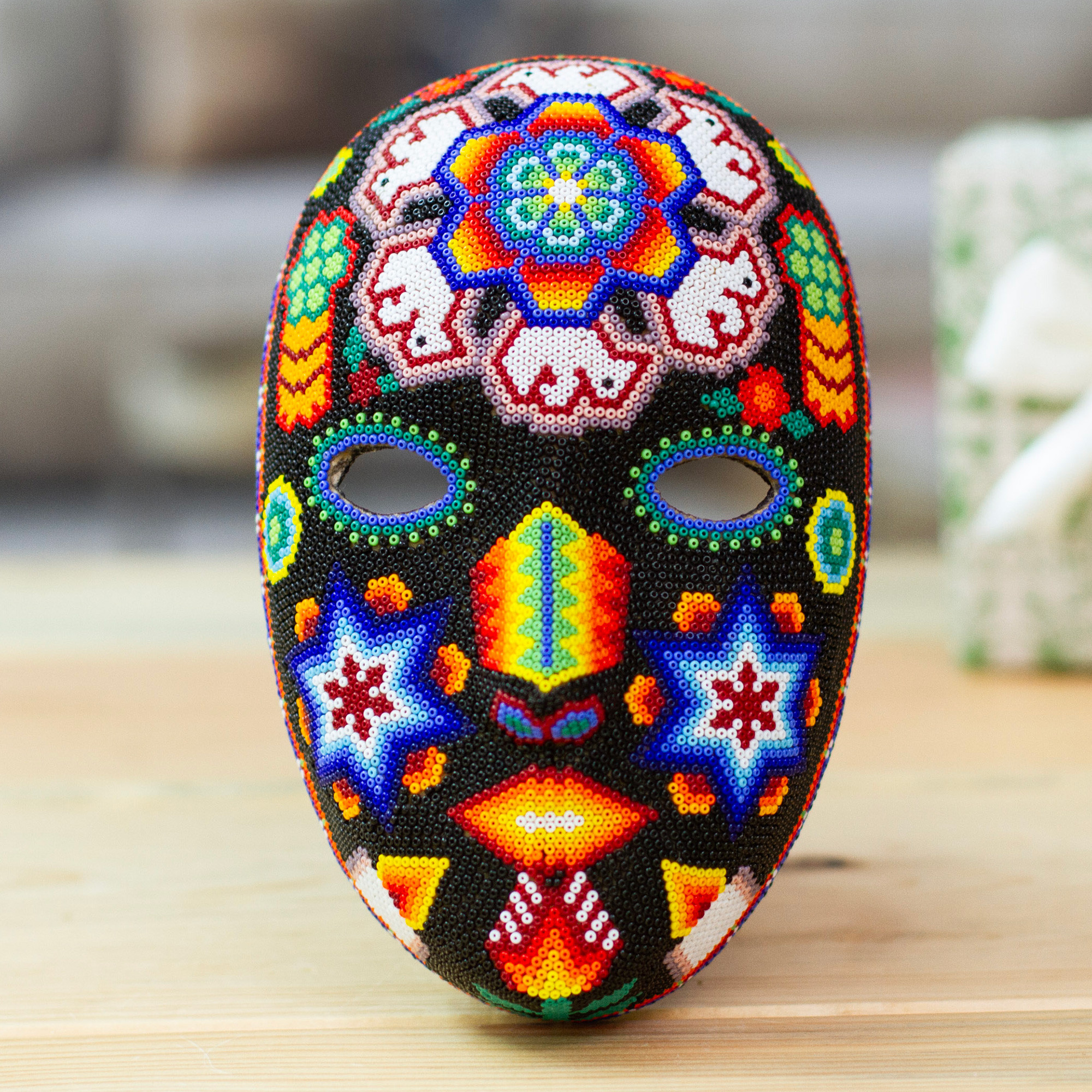 Handcrafted Huichol Traditional Beadwork Mask - Peyote Crown | NOVICA