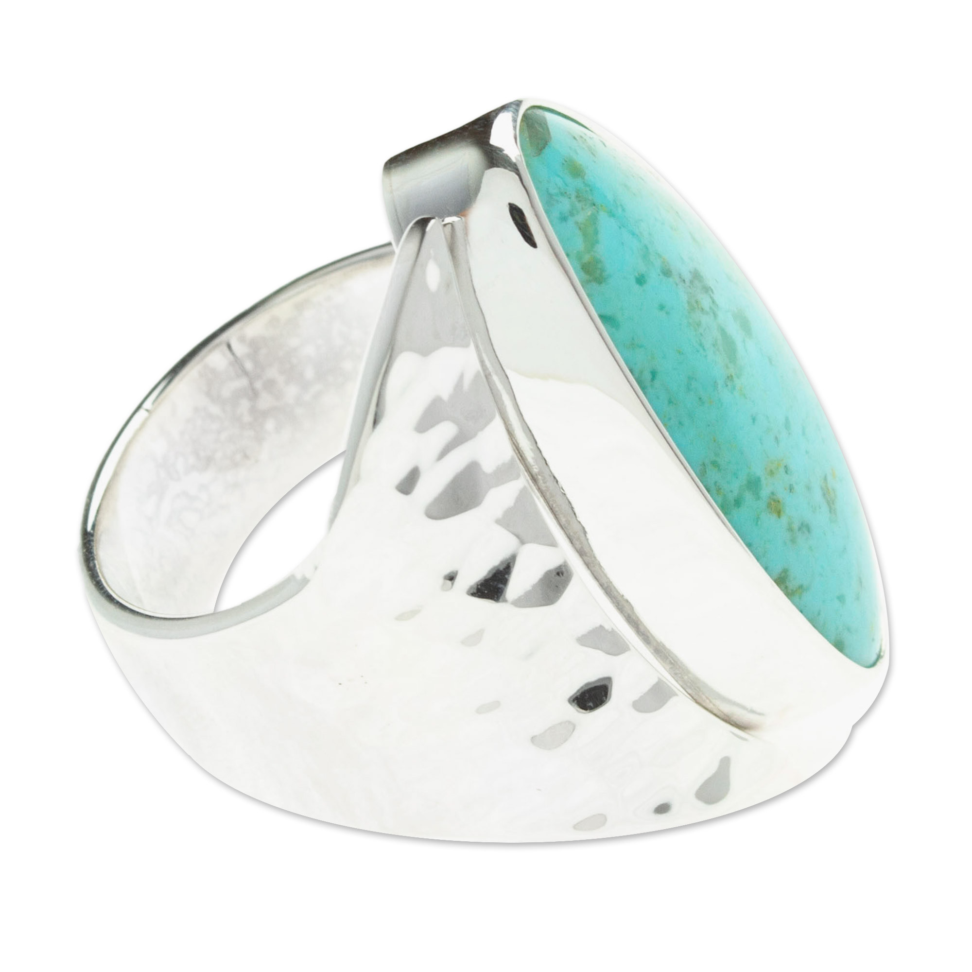 Unique Taxco Silver Cocktail Natural Turquoise Ring - Taxco Moon | NOVICA