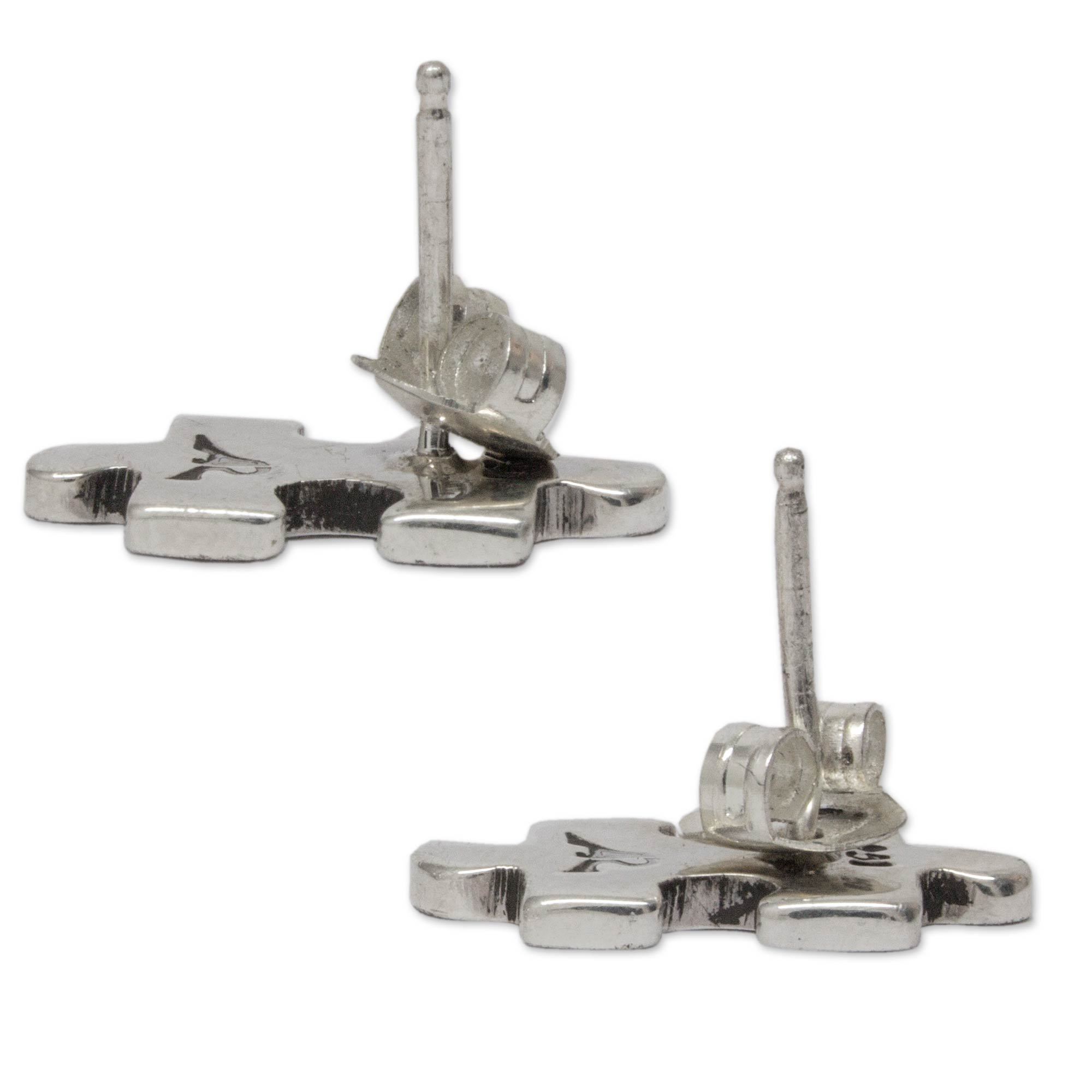 UNICEF Market | Hand Crafted Modern Fine Silver Button Earrings - Puzzle