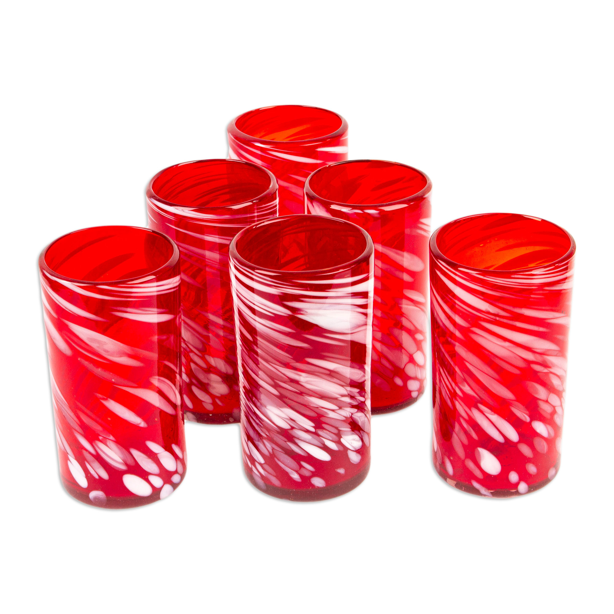 Set of 6 Red Artisan Crafted Hand Blown Glasses - Festive Red | NOVICA