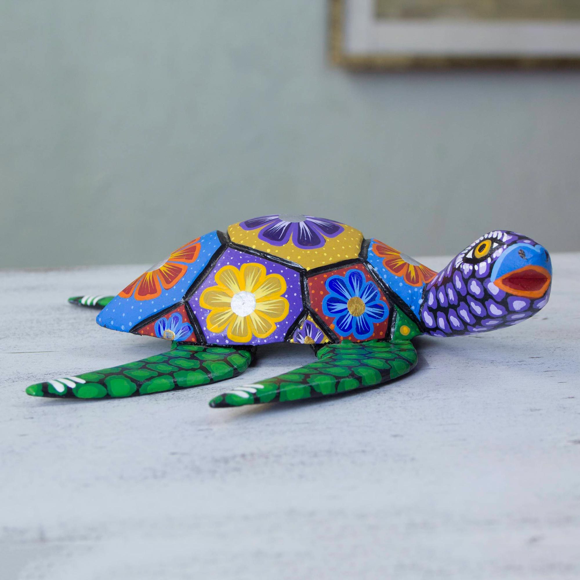 Hand Painted Alebrije Turtle Wood Sculpture from Mexico - Psychedelic ...