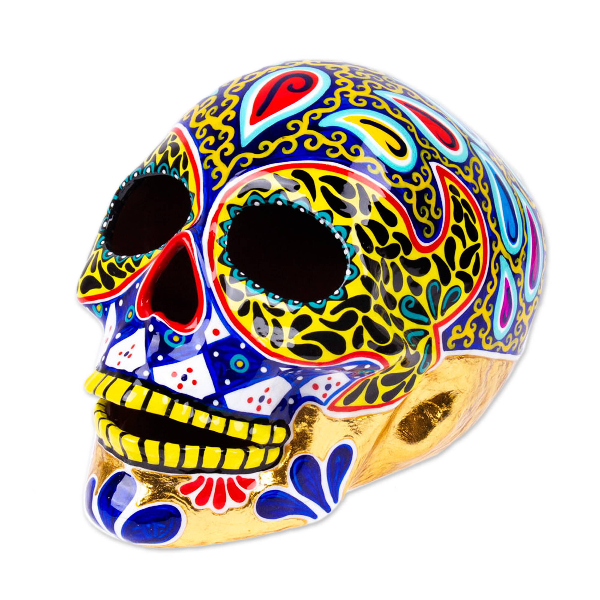 Hand Painted 12k Gold Ceramic Skull Sculpture from Mexico - Carnival ...
