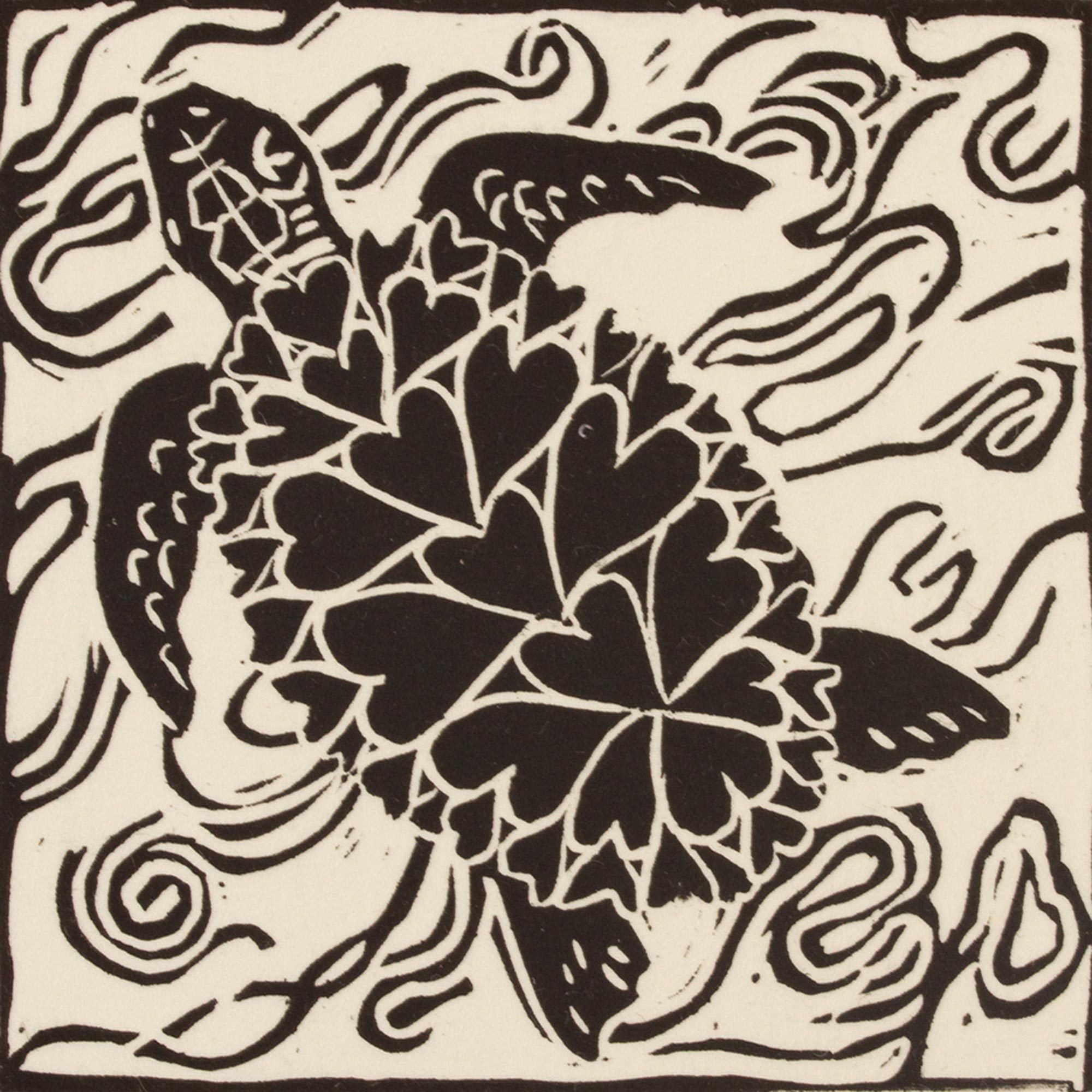 Turtle Hearts Black and White Signed Linoleum Block Print - Turtle | NOVICA