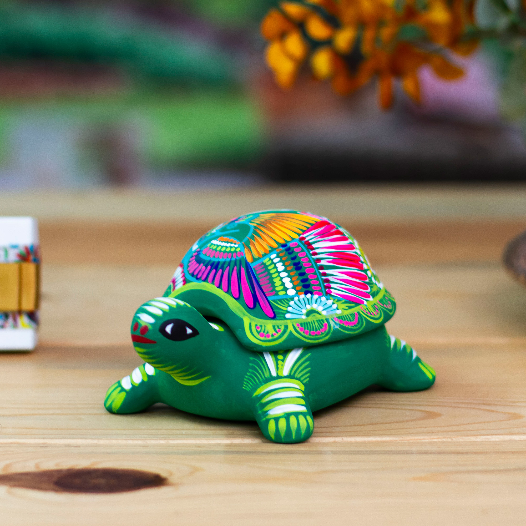Painted Ceramic Turtle Decorative Box from Mexico - Protective Turtle ...