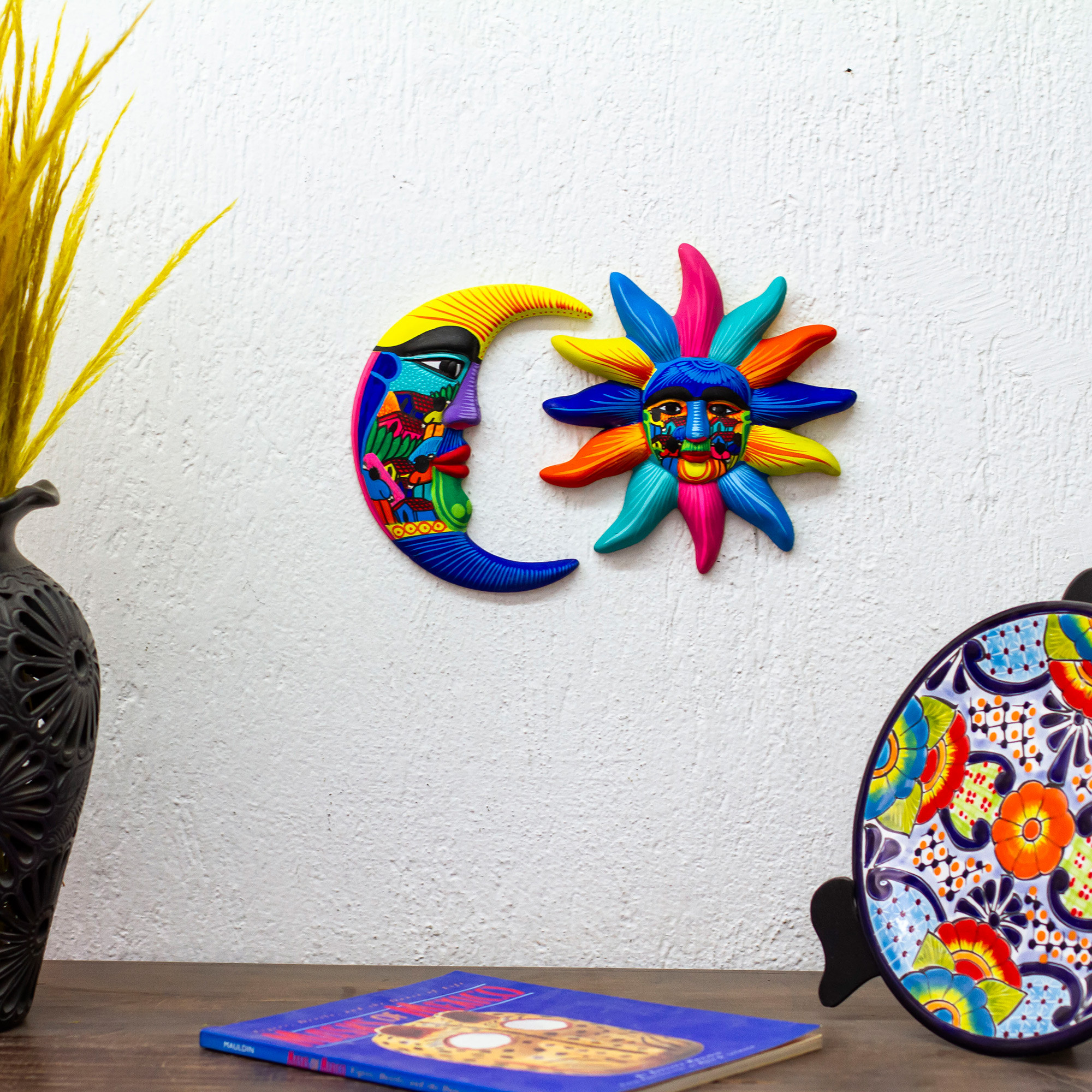 Hand Painted Ceramic Sun and Moon Wall Art (Pair) - Beauty of the Sky | NOVICA