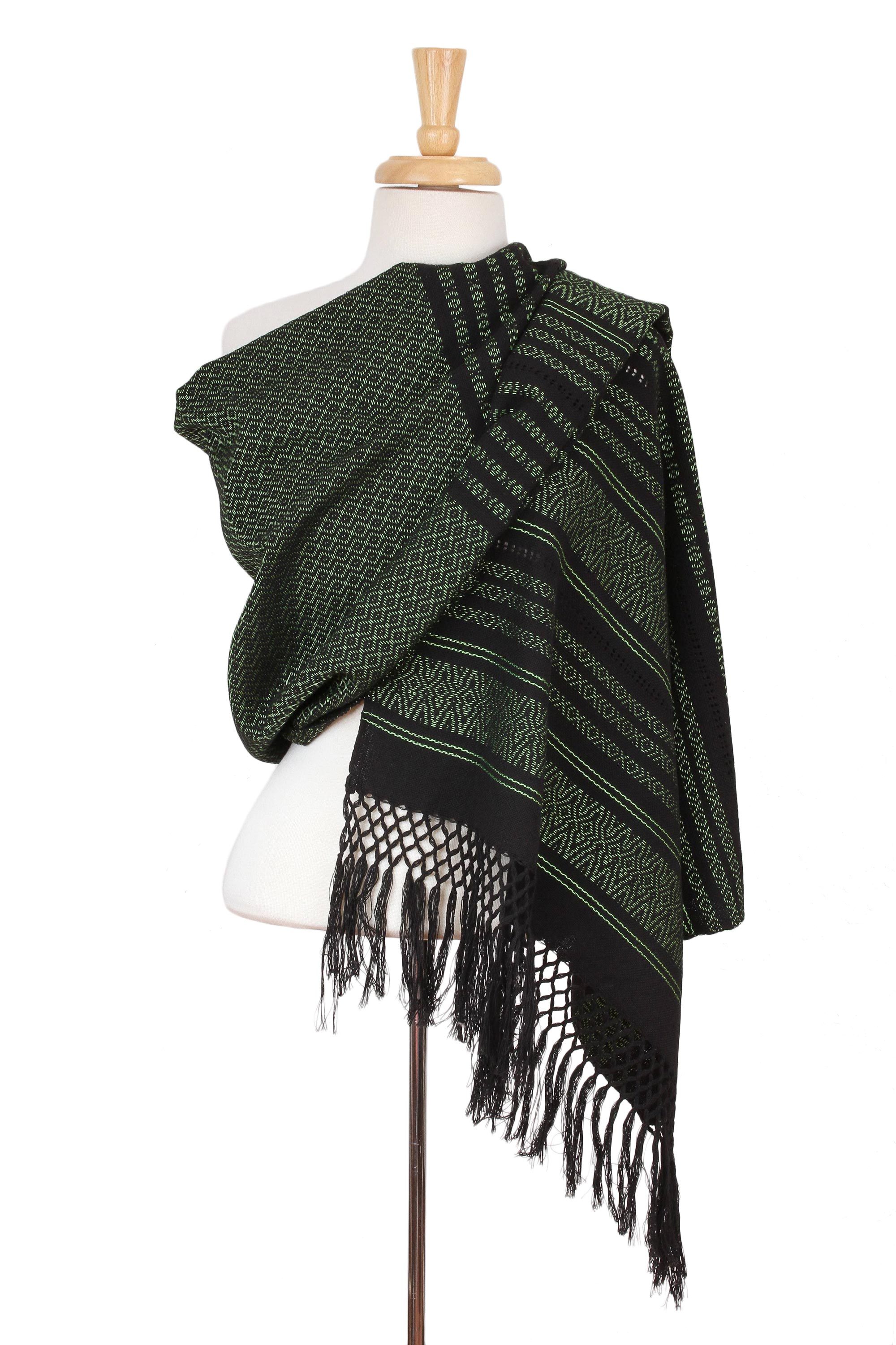 UNICEF Market | Green on Black Handwoven Fringed Mexican Rebozo Shawl ...