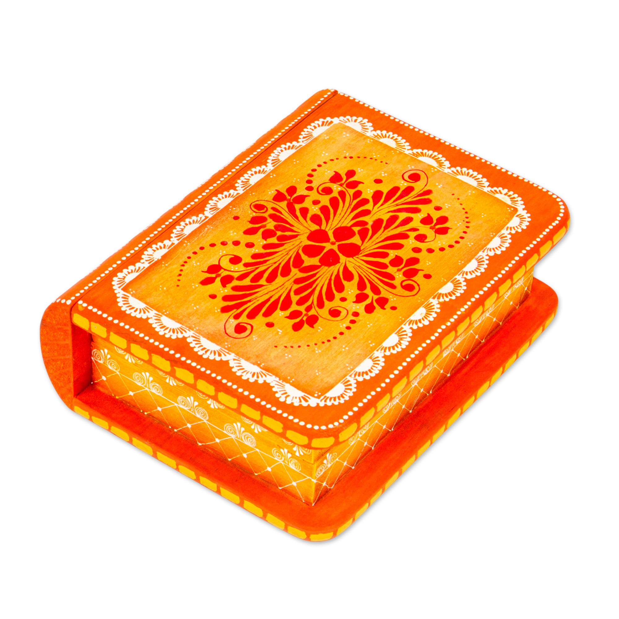 Hand-Painted Orange Floral Wood Decorative Box from Mexico - Tricky ...