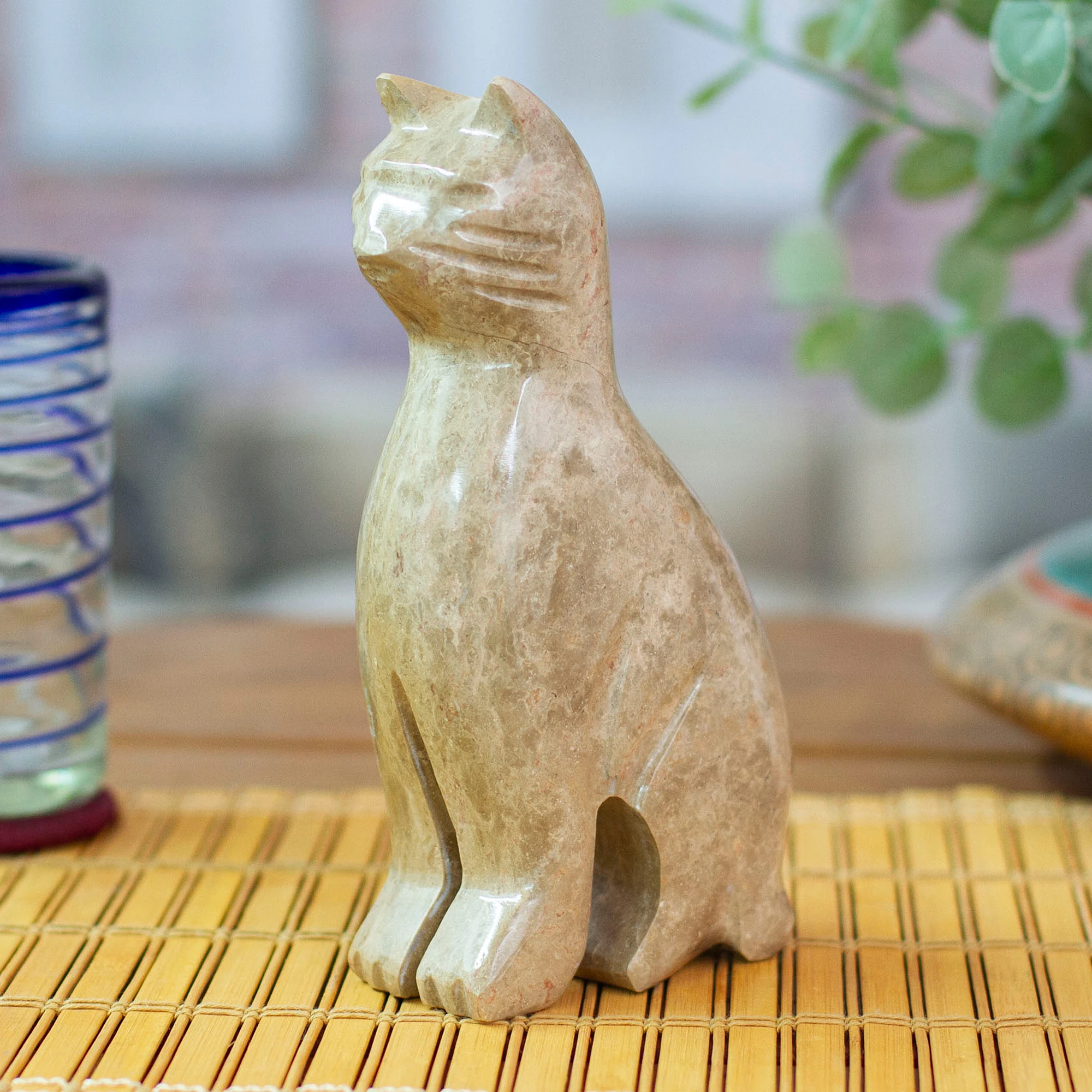 Marble Cat Sculpture in Beige from Mexico - Cafe Cat | NOVICA