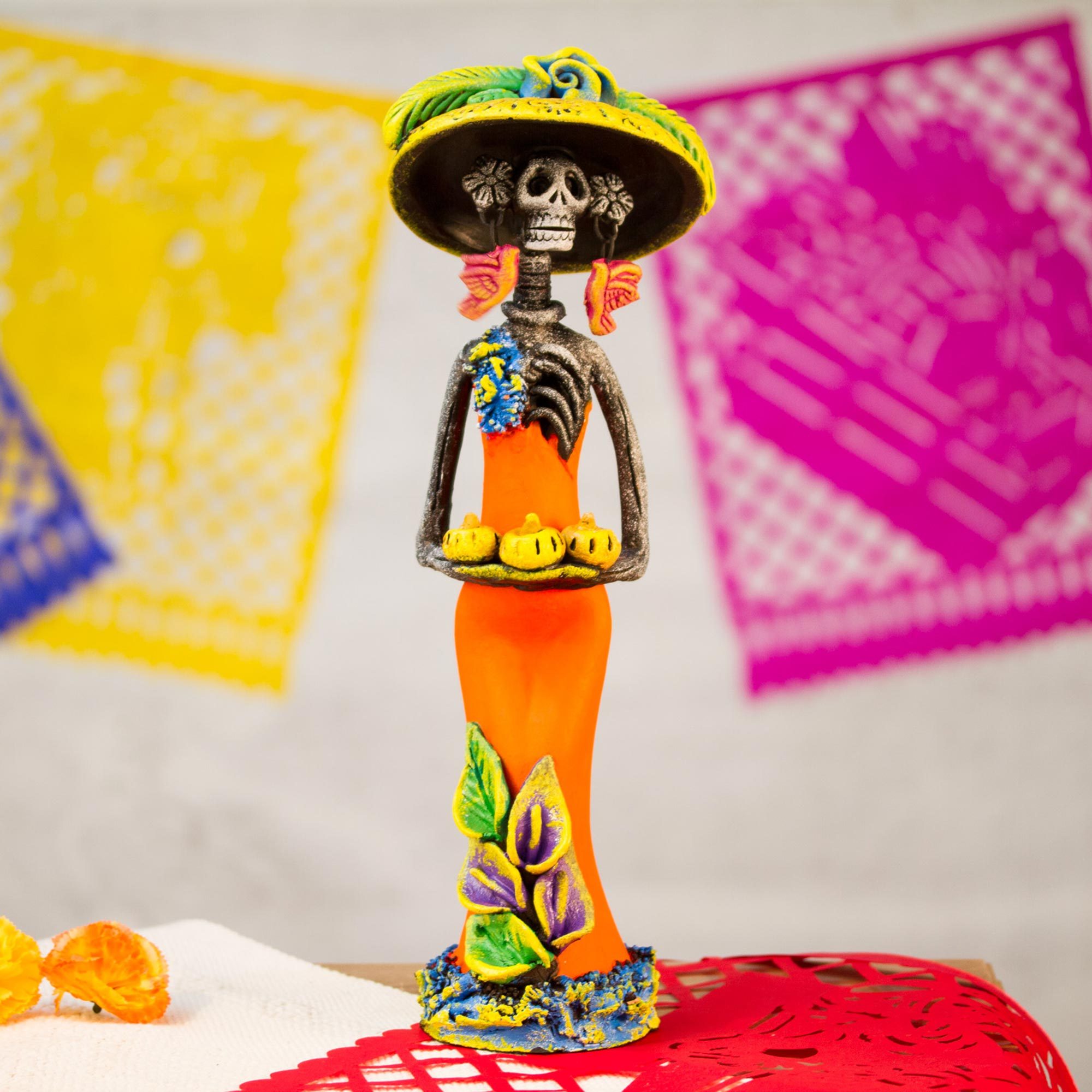 Ceramic Catrina Skeleton Statuette in Orange from Mexico - Catrina with ...